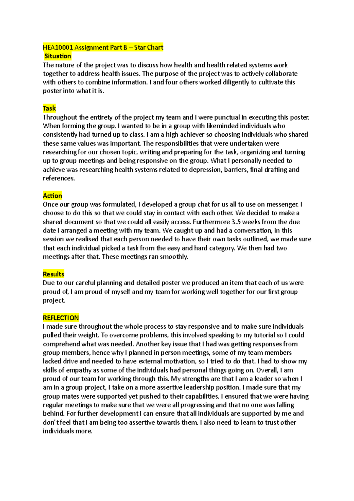 STAR AND Assingment copy - HEA10001 Assignment Part B – Star Chart ...