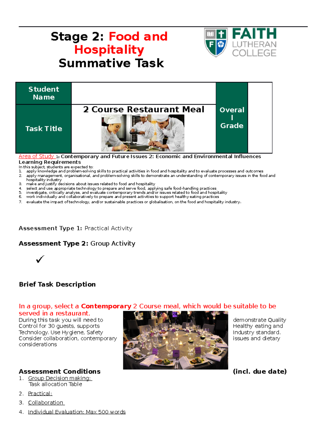 Course Meal Group Activity - Stage 2: Food and Hospitality Summative ...