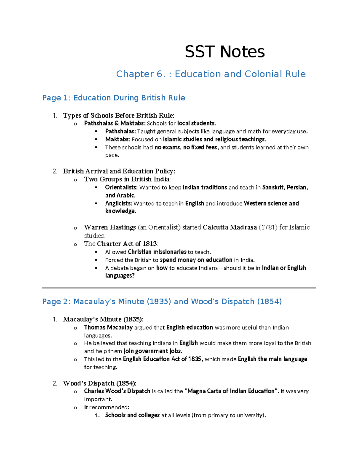 SST Notes - SST Notes Chapter 6. : Education and Colonial Rule Page 1 ...