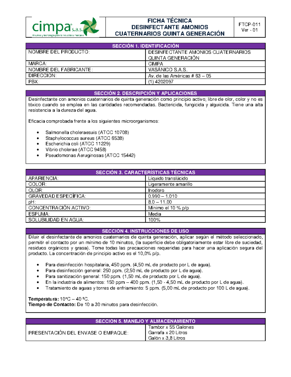 FTCP-011 Desinfectante amonios cuaternarios 5 generación V1 - FICHA TÉCNICA DESINFECTANTE ...