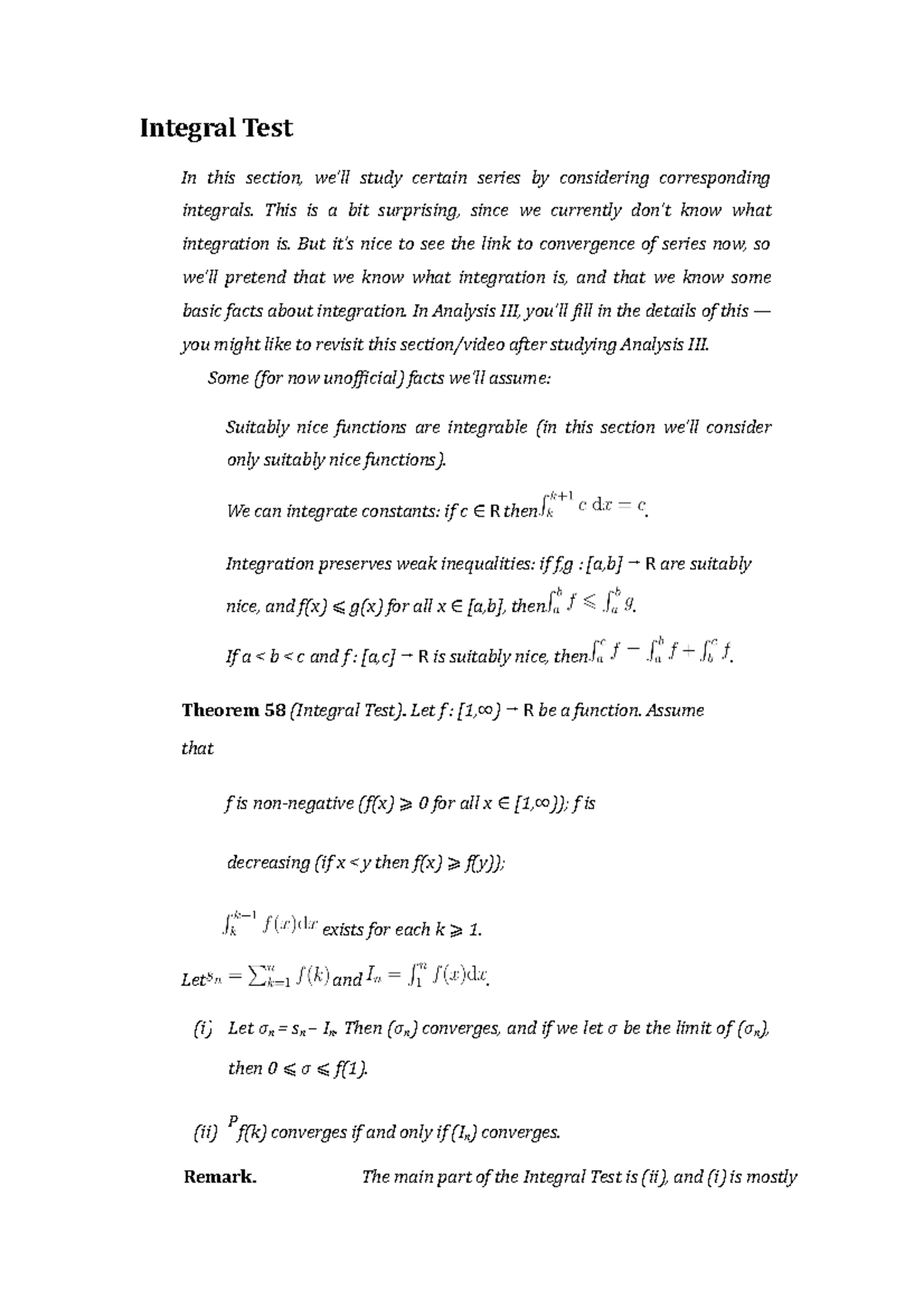 Analysis 31 - Integral Test - Integral Test In this section, we’ll ...