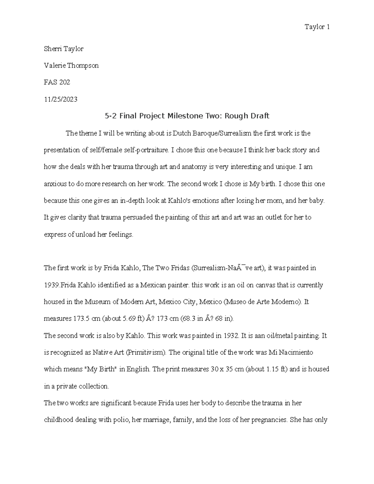 FAS 202 Milestone 2 Rough Draft - Sherri Taylor Valerie Thompson FAS ...