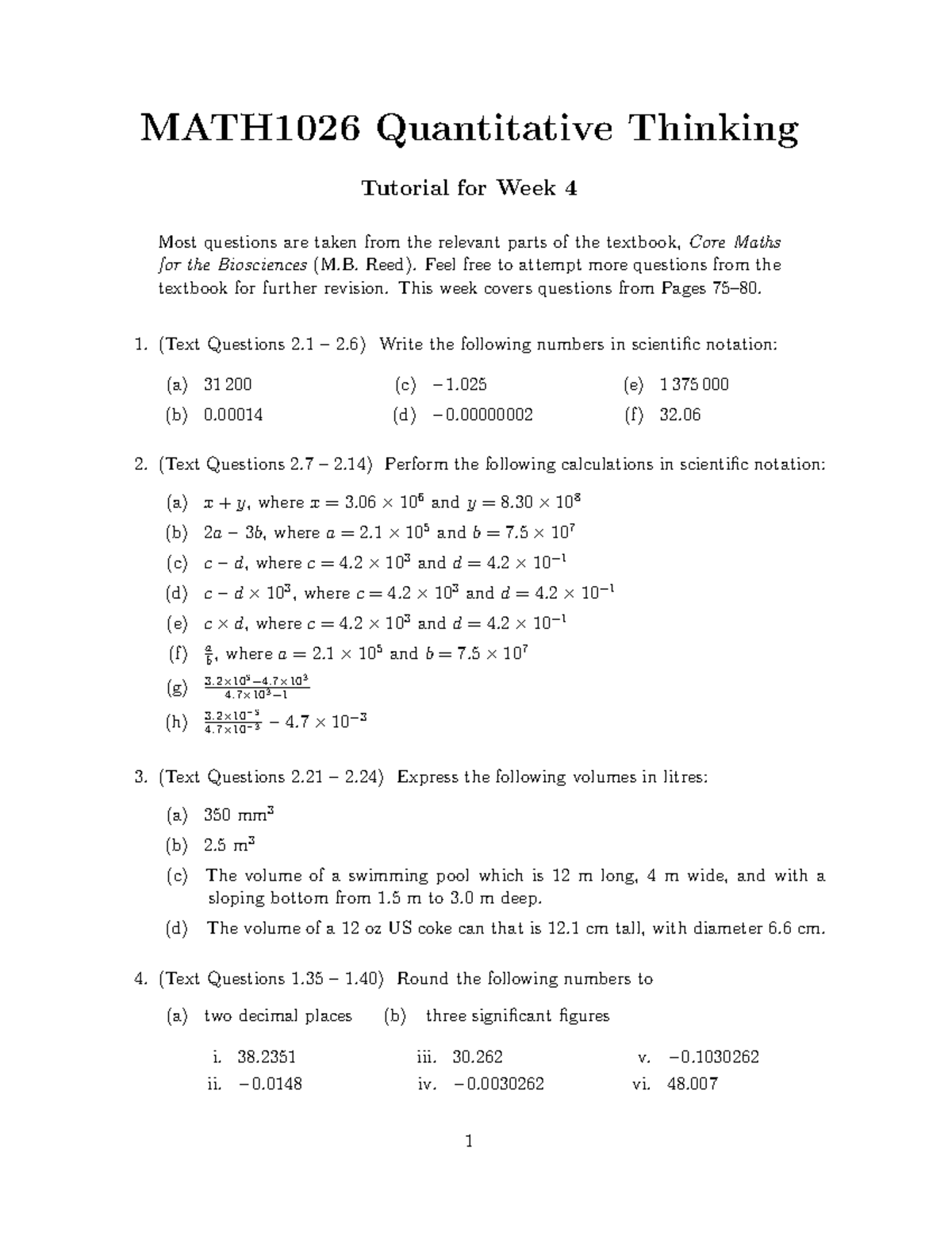 Week4 Tute Sheet 22 - MATH1026 Quantitative Thinking Tutorial for Week 4 Most questions are ...