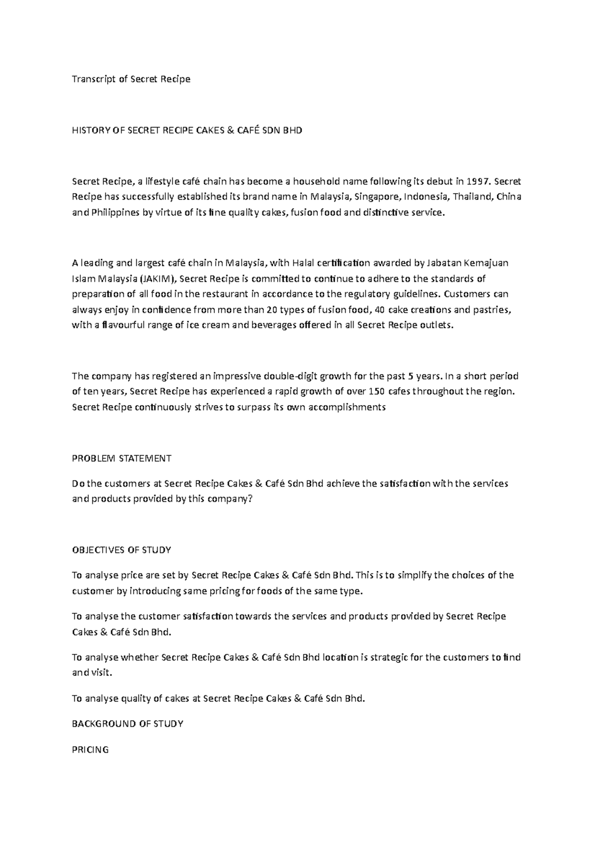 Example of secret recipe assignment - Transcript of Secret Recipe ...