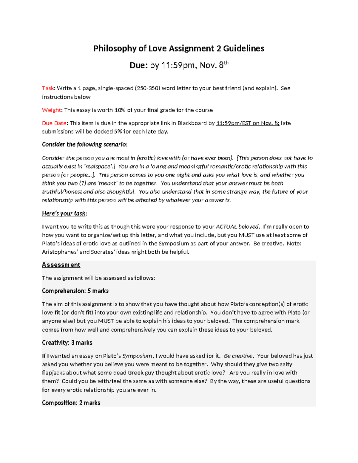 Philosophy of Love Assignment 2 Guidelines - Philosophy of Love ...