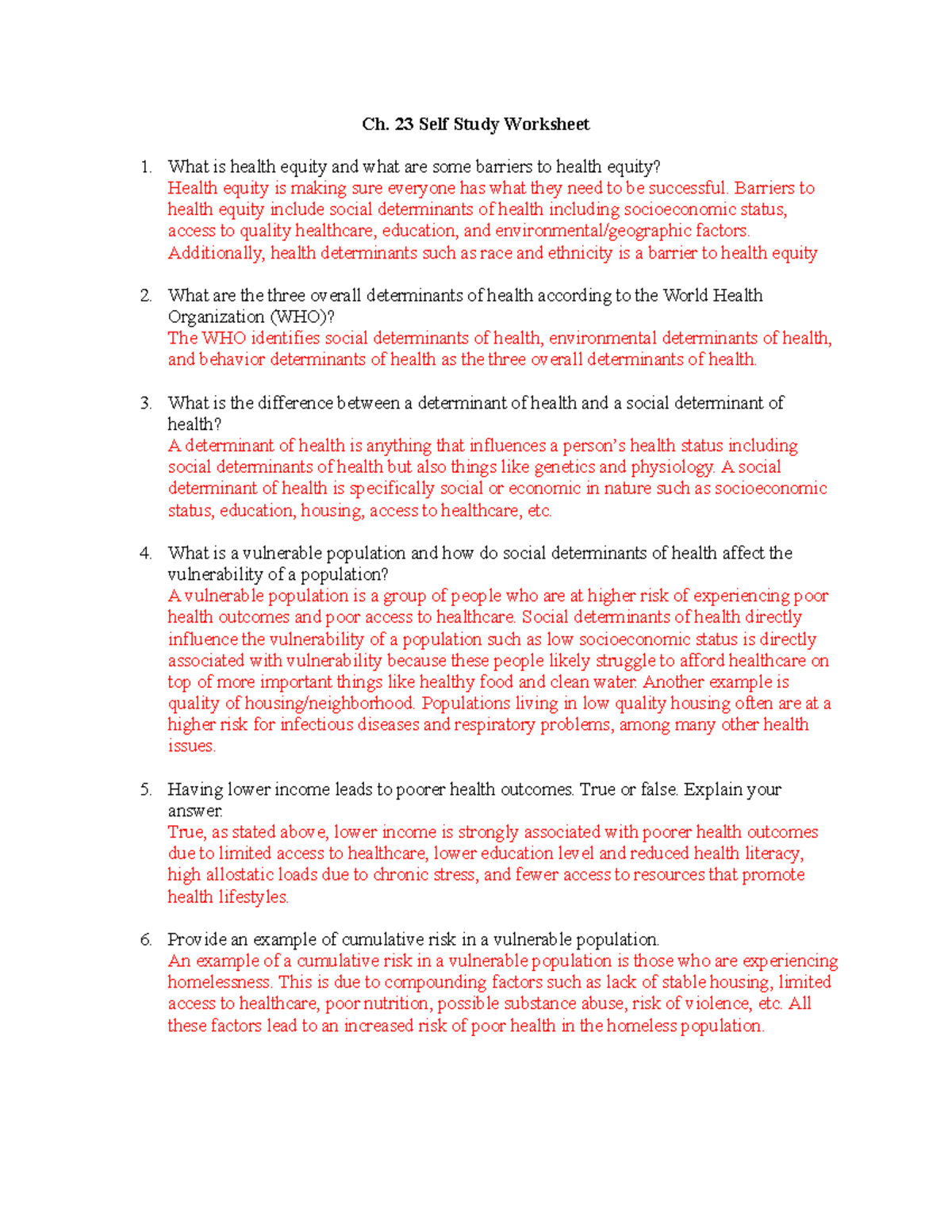 Week 3 Homework - Ch. 23 Self Study Worksheet What is health equity and ...