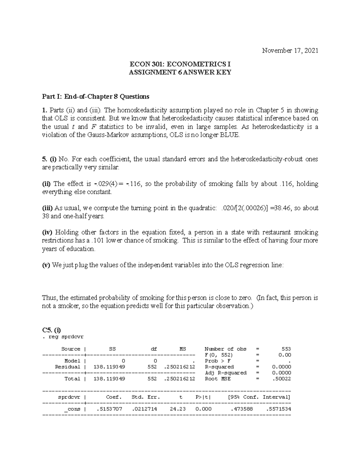 Assignment 6 Answer Key - November 17, 2021 ECON 301: ECONOMETRICS I ...