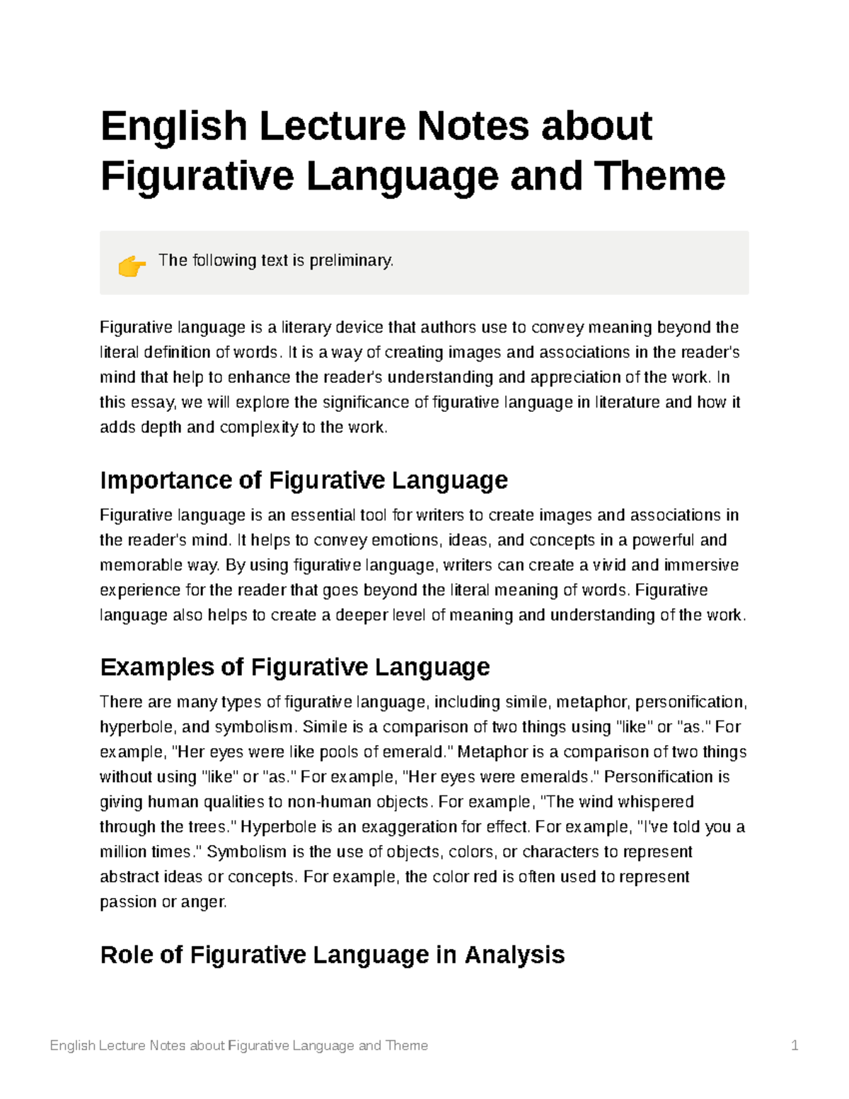 English Lecture Notes about Figurative Language and Theme - Figurative ...