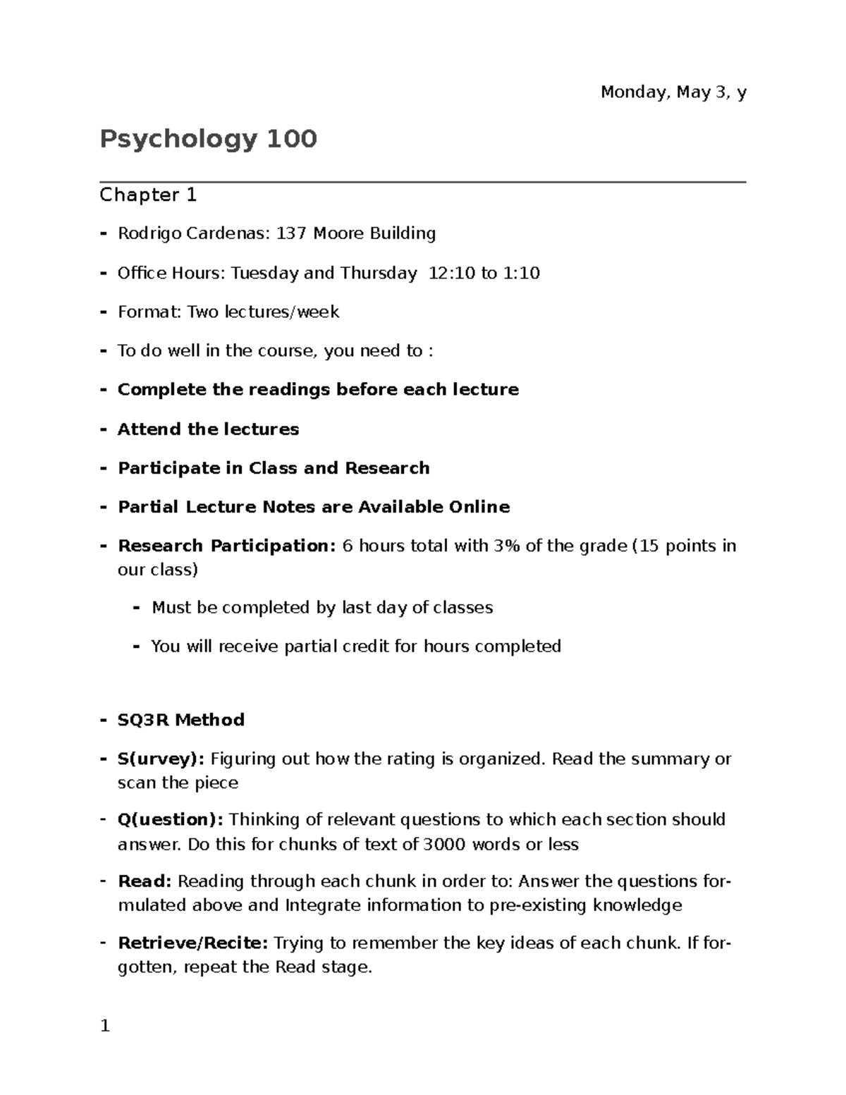 Psych 100- Penn State word - Psychology 100 Chapter 1 - Rodrigo ...