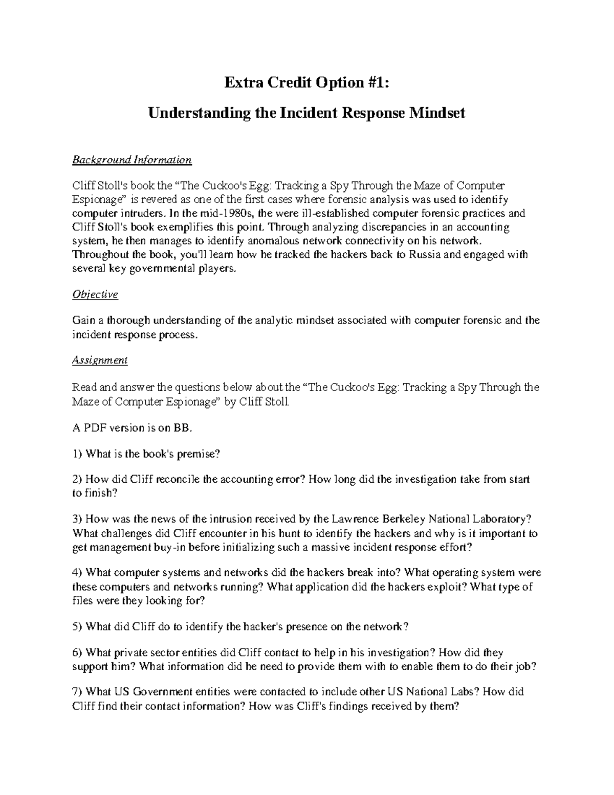 Extra Credit 1 - Cuckoo's Egg - Understanding the Incident Response ...