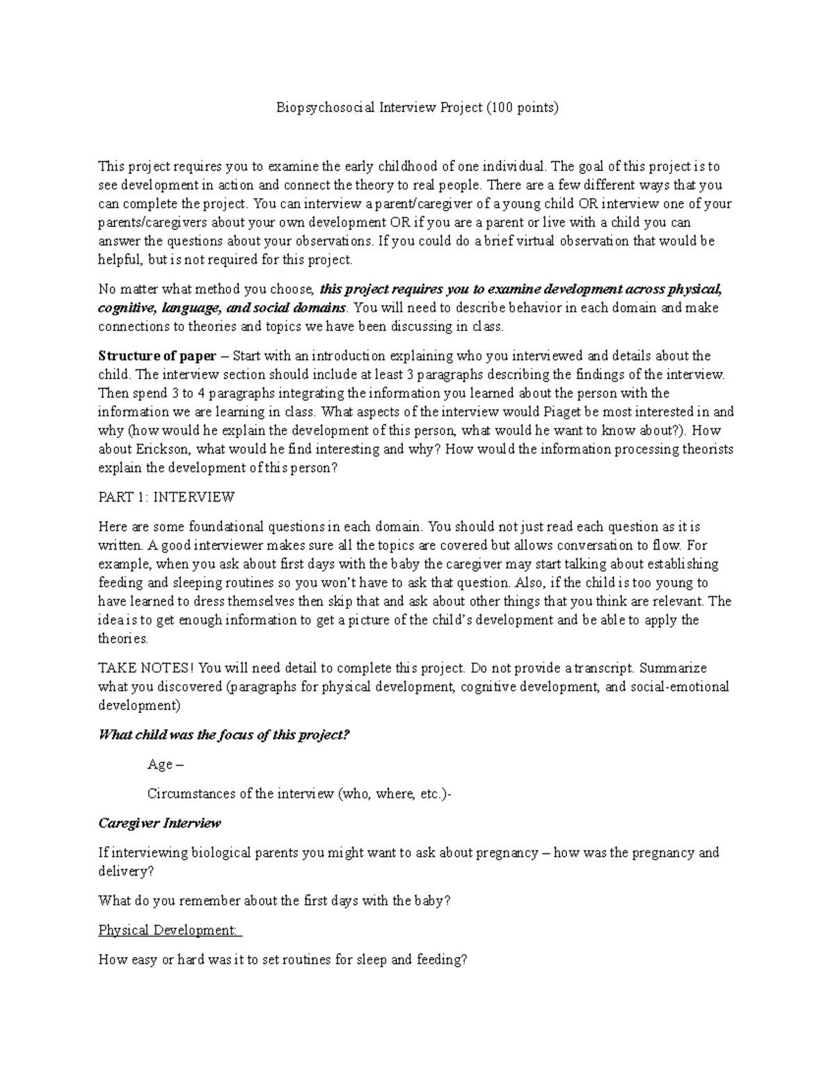 Biopsychosocial Project 1 Interview - Biopsychosocial Interview Project ...