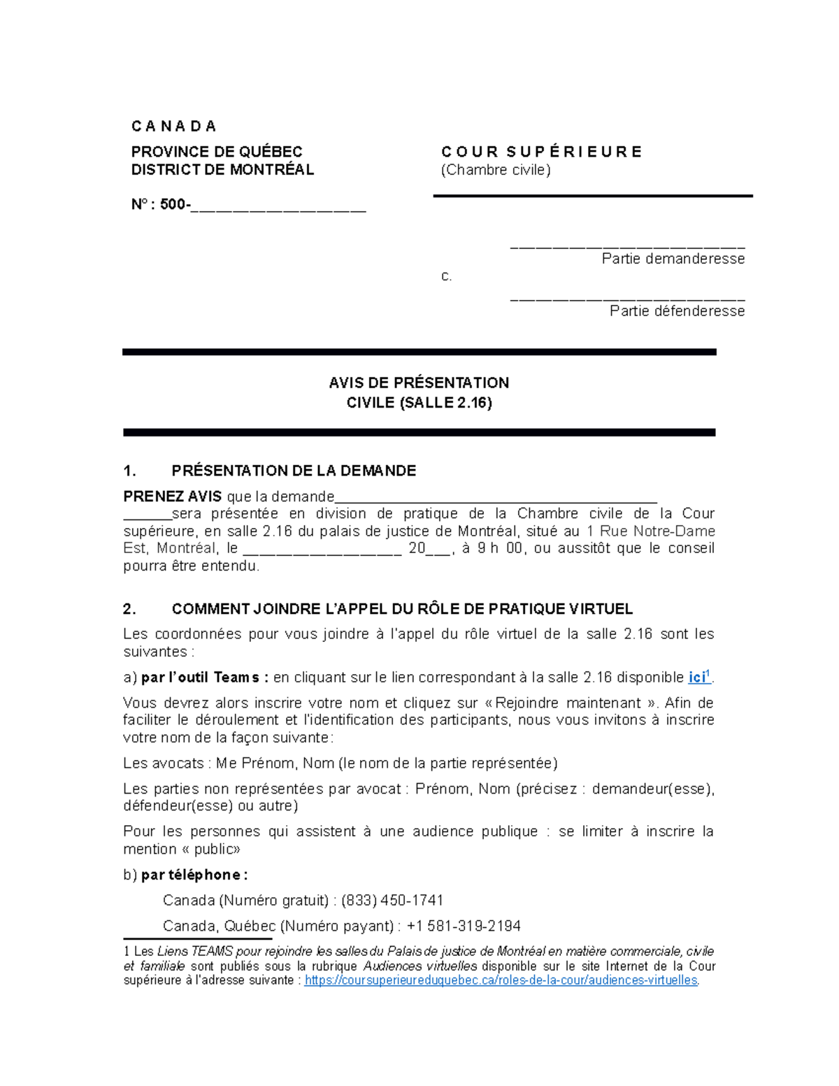 Avis de presentation civile salle 2 - C A N A D A PROVINCE DE QUÉBEC DISTRICT DE MONTRÉAL No ...