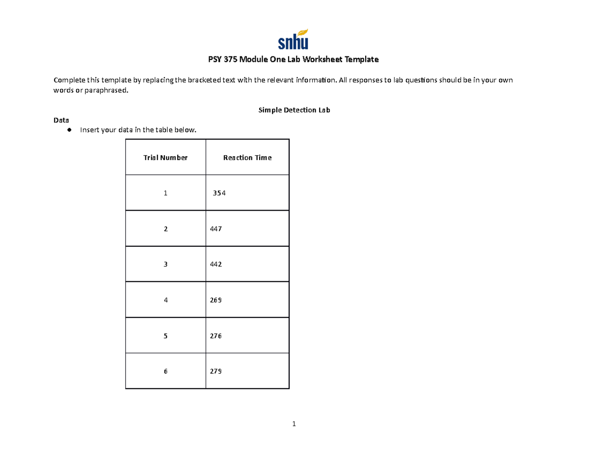 PSY 375 Module One Lab Worksheet Template - PSY 375 Module One Lab ...