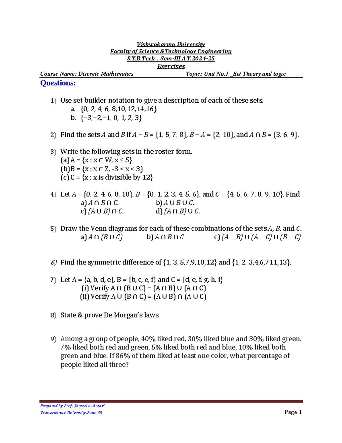 Exercises DM Unit-01 Set Theory & Logic SY B - Prepared by Prof. Jameel A. Ansari Vishwakarma ...