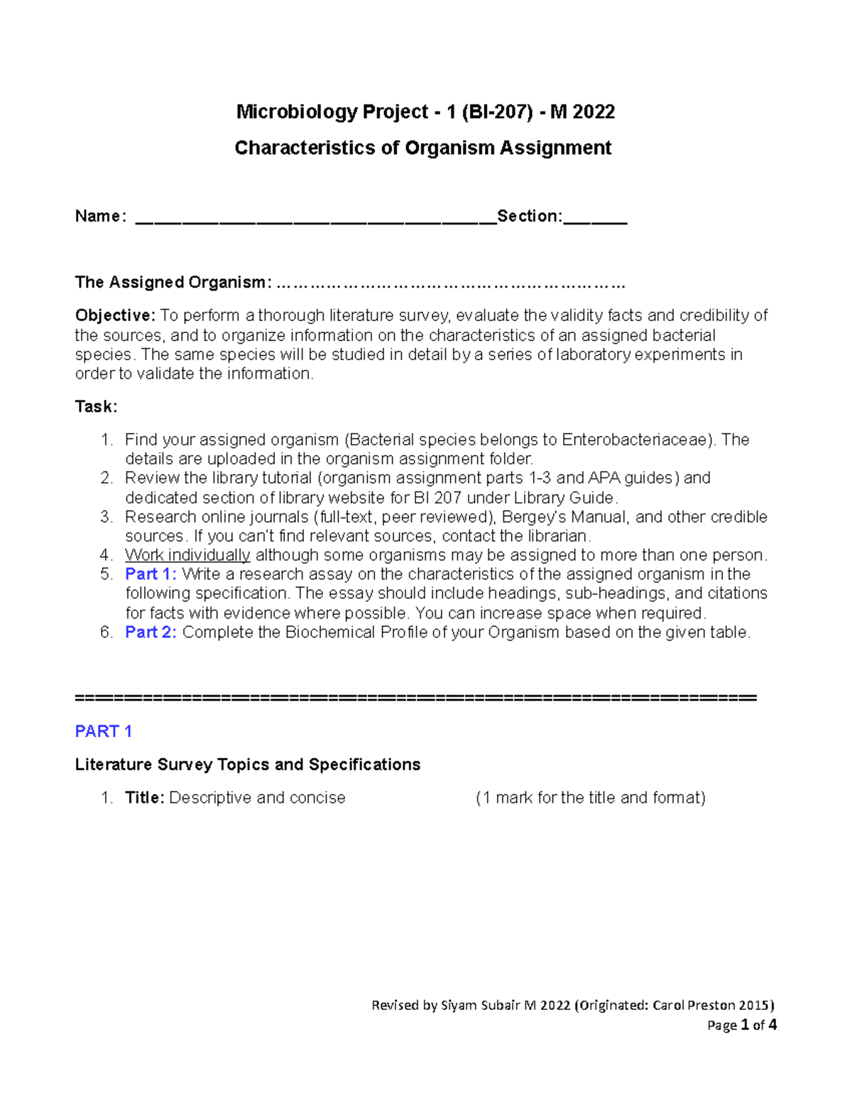 Characteristics of Organisms Assignment M 2022 - Microbiology Project ...