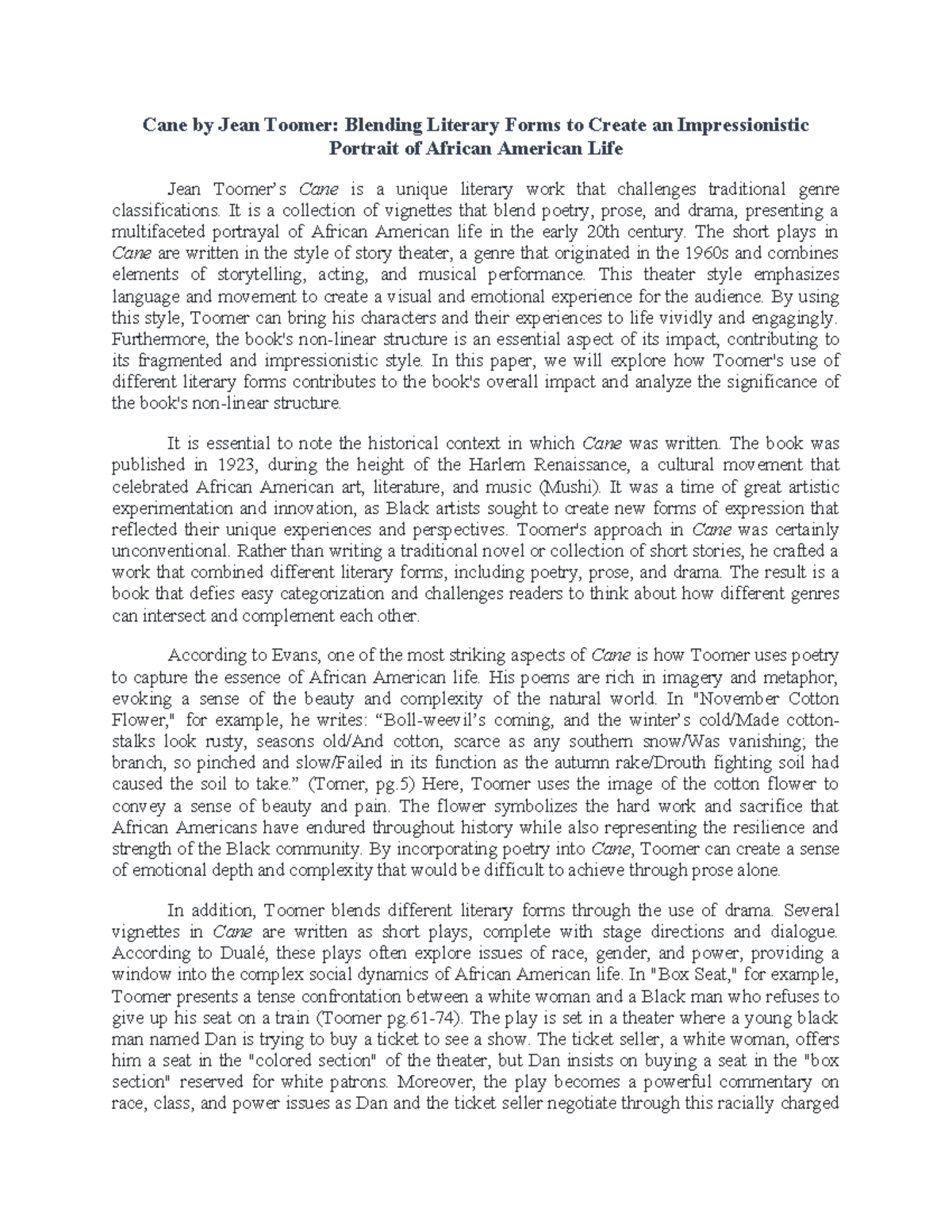 Revised Essay Two - Cane by Jean Toomer: Blending Literary Forms to ...
