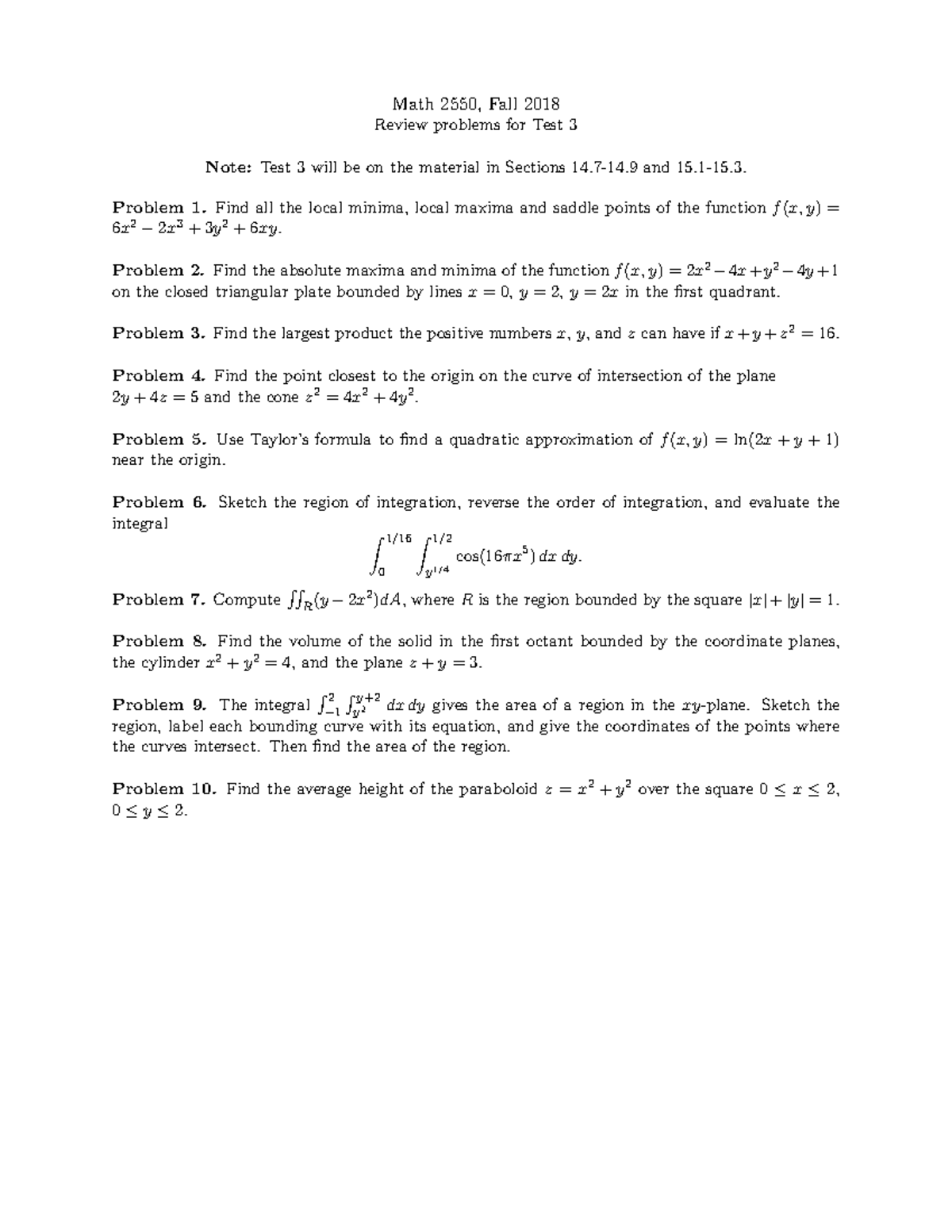 Review 3 - Math 2550, Fall 2018 Review problems for Test 3 Note: Test 3 ...