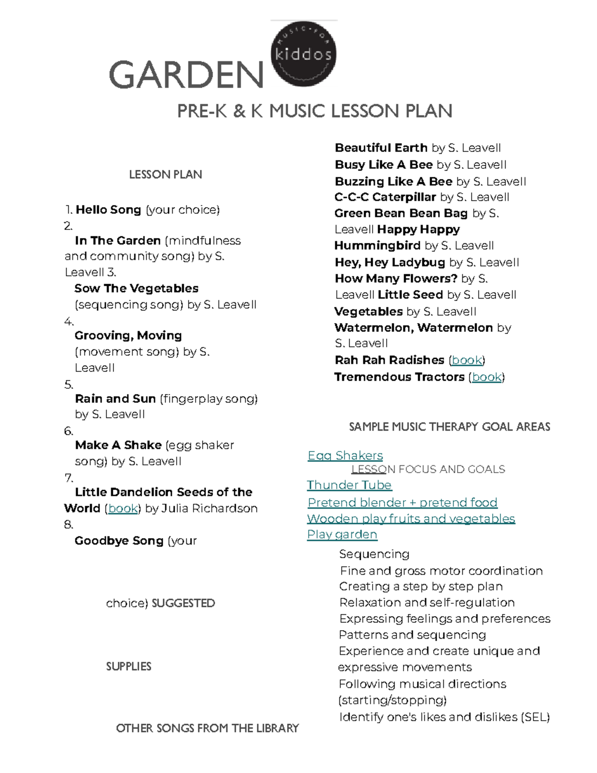 Garden Lesson Plan Music For Kiddos-2 - GARDEN PRE-K & K MUSIC LESSON ...