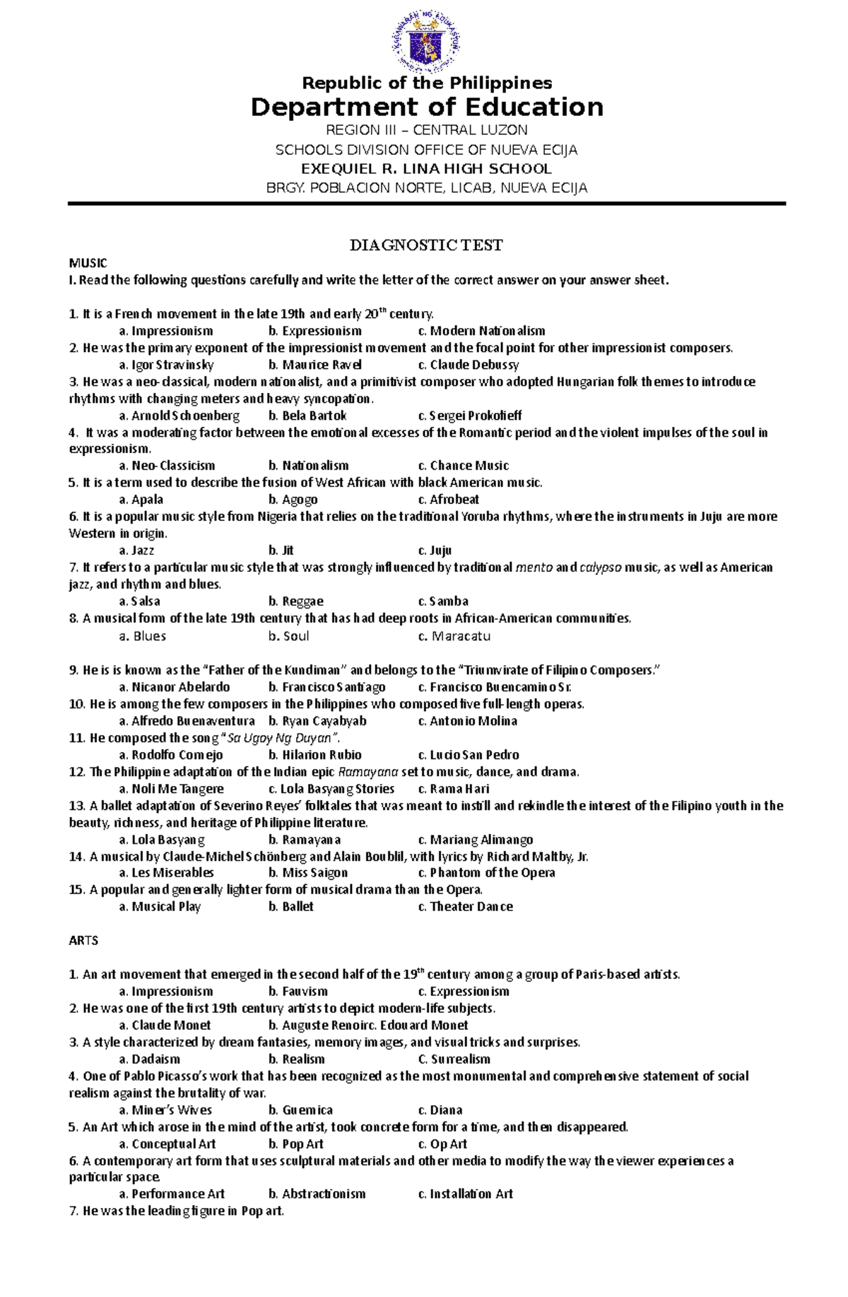 Mapeh 10 Diagnostic - Test - Republic of the Philippines Department of ...