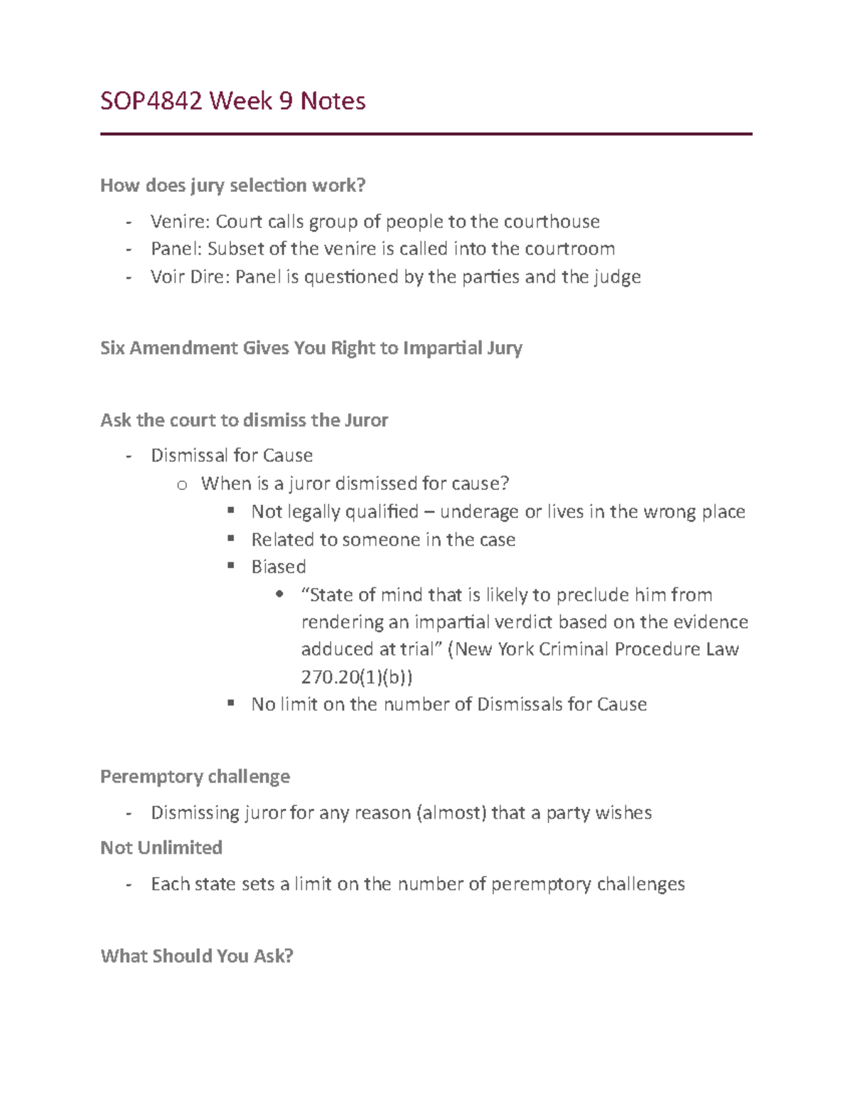 Sop4842 Week 9 Notes Dr Deborah Goldfarb Sop4842 Week 9 Notes How Does Jury Selection Work