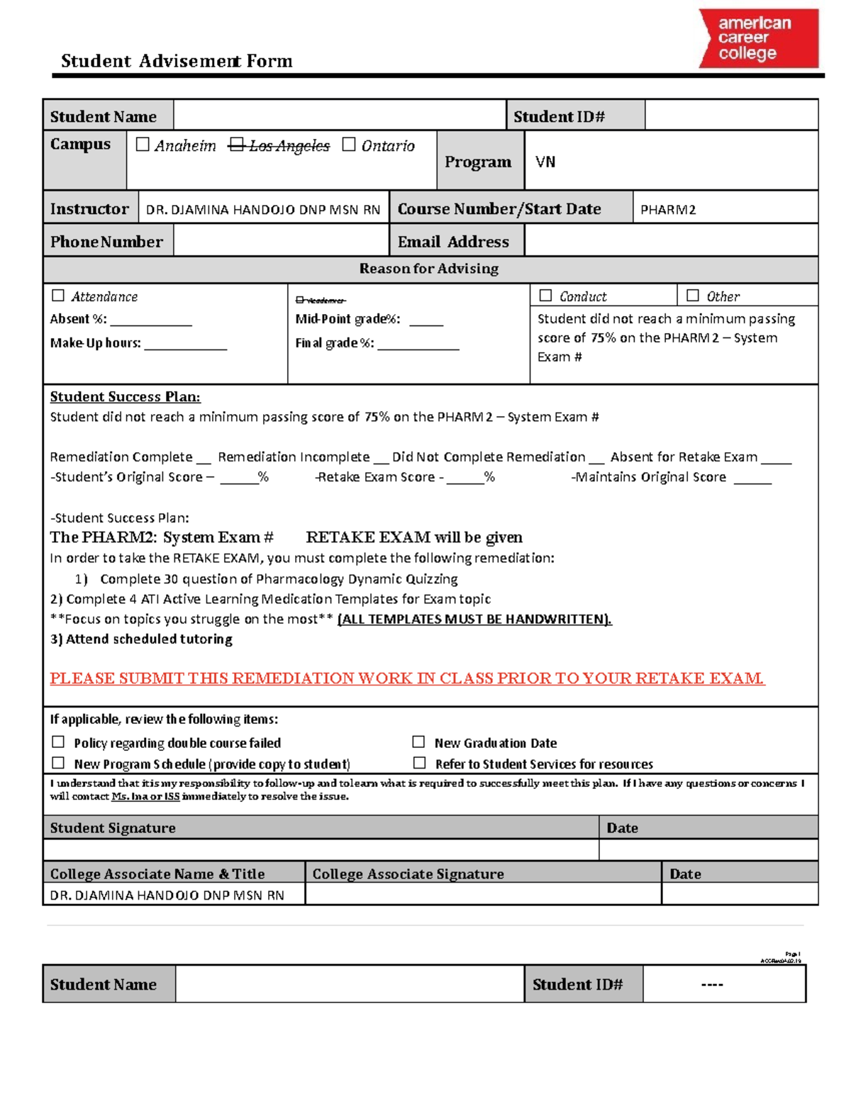 Student Advisement Pharm 2 Updated - Student Name Student ID# Campus ...