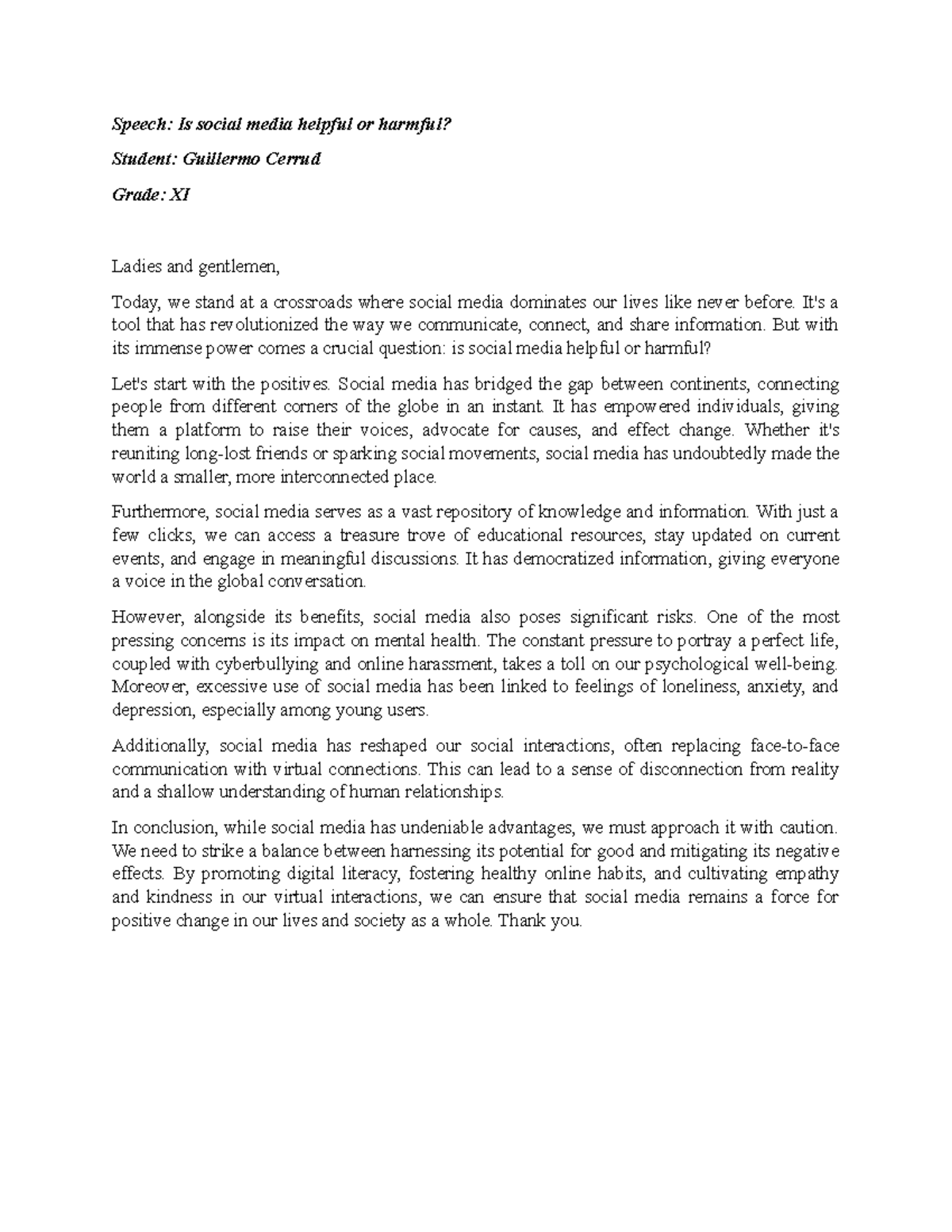 Speech of Social Media - Speech: Is social media helpful or harmful ...