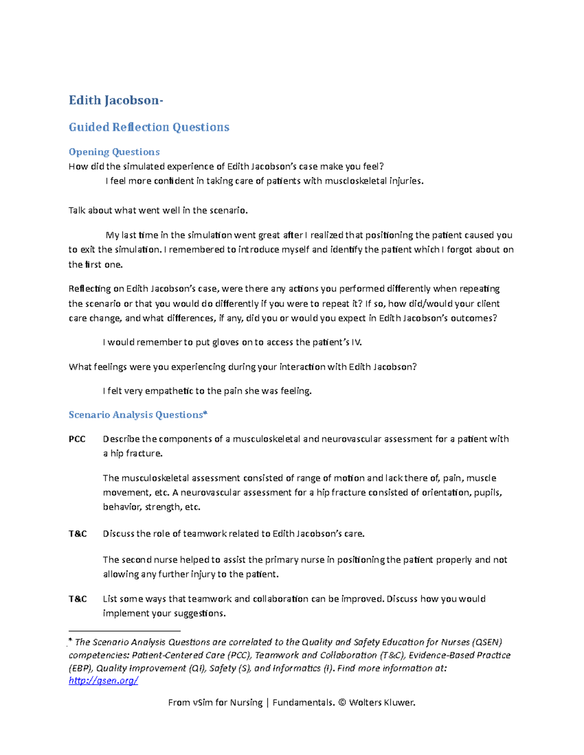 Edith Jacobson Sim Questions - Edith Jacobson- Guided Reflection Questions Opening Questions How ...