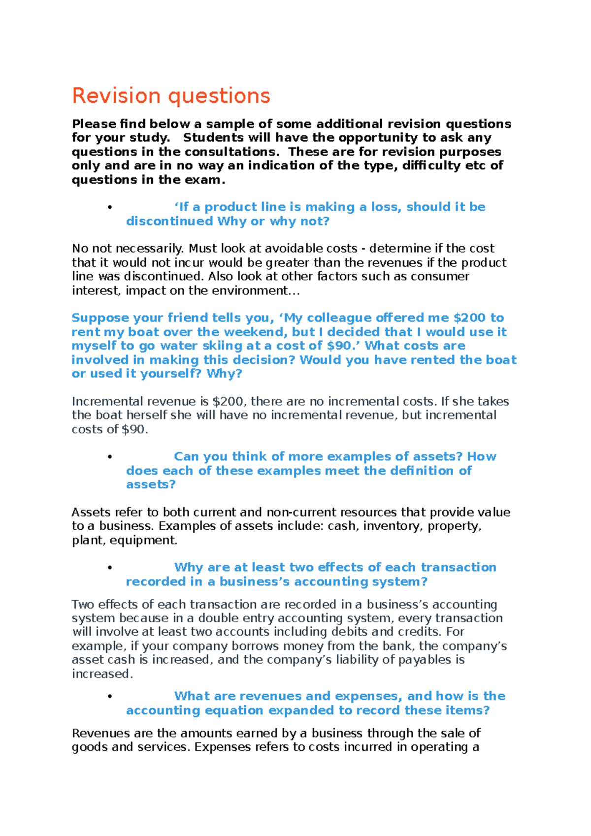 Revision questions - Revision questions Please find below a sample of ...