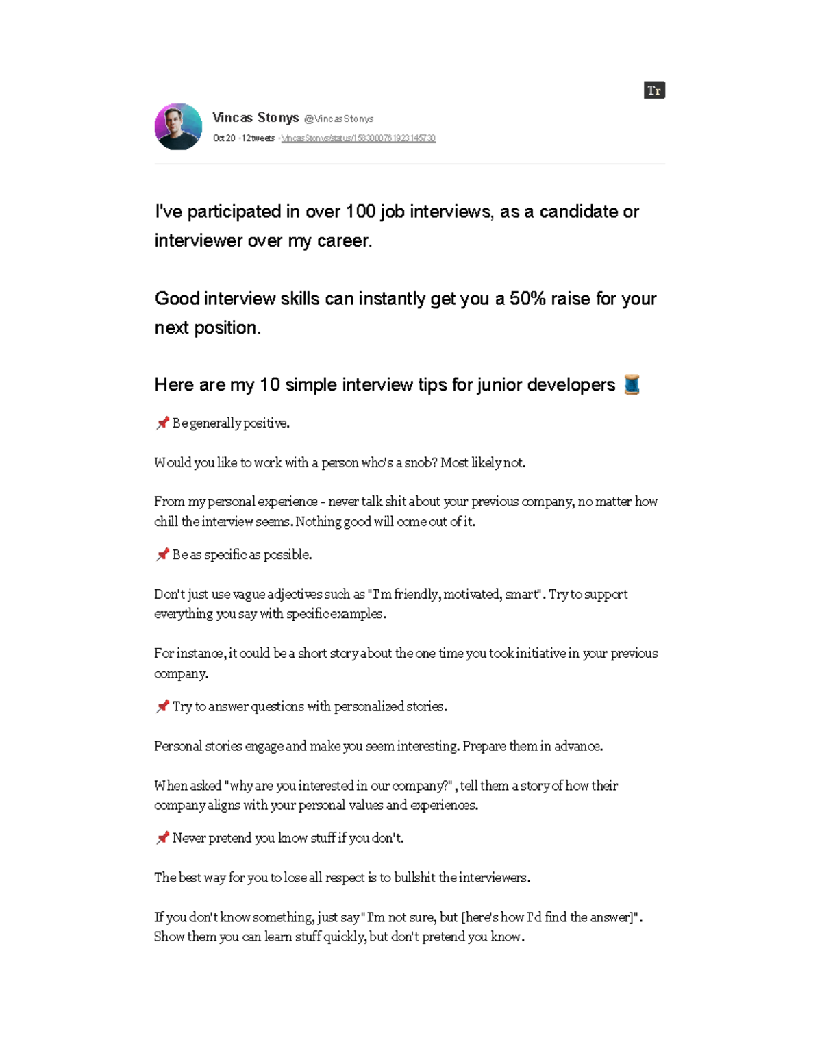 Bonus 10 Junior Developer Job Interview Tips - Vincas Stonys Oct 20 • 12 tweets • - Studocu