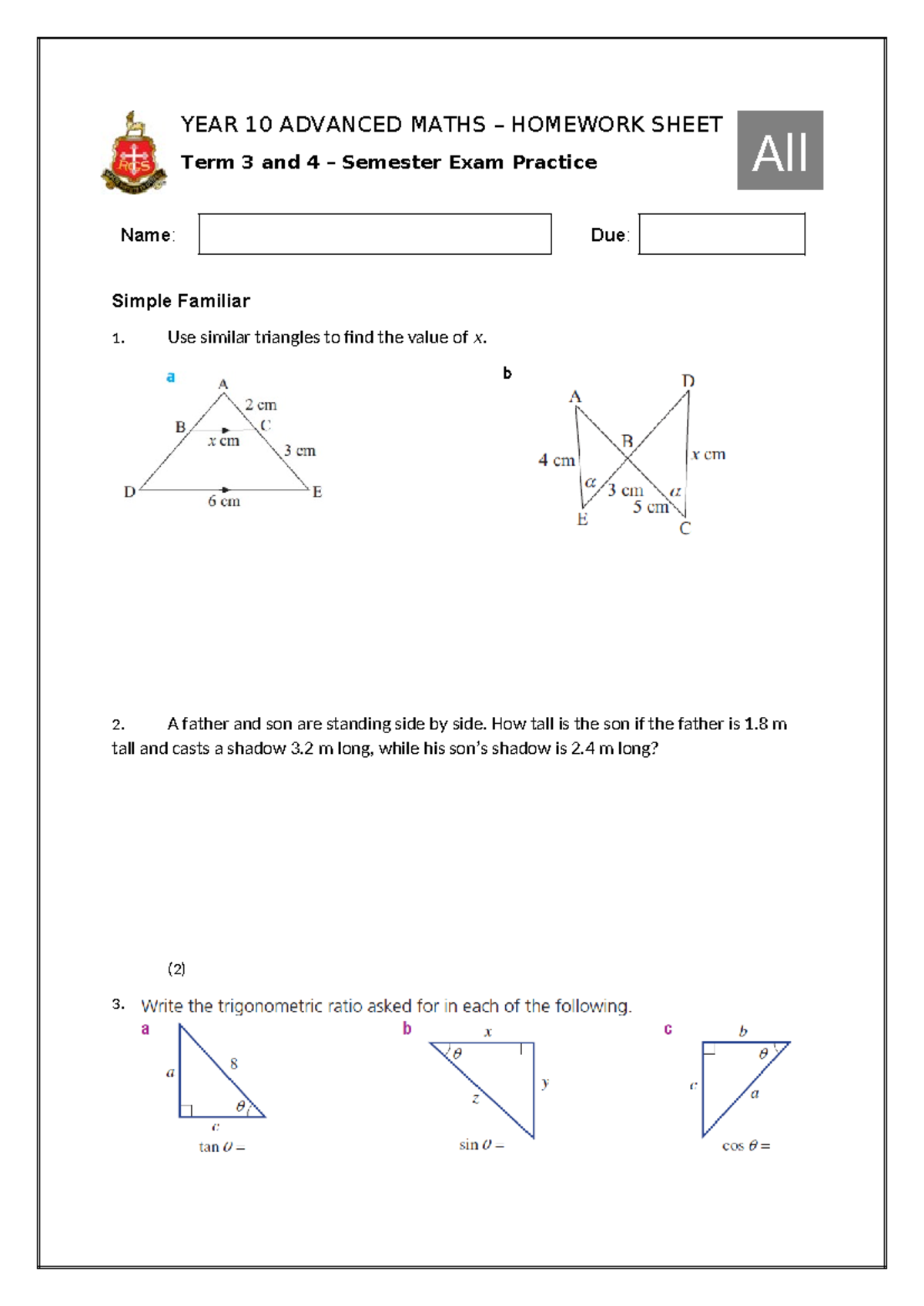 Complete Homework Sheet - YEAR 10 ADVANCED MATHS – HOMEWORK SHEET Term ...