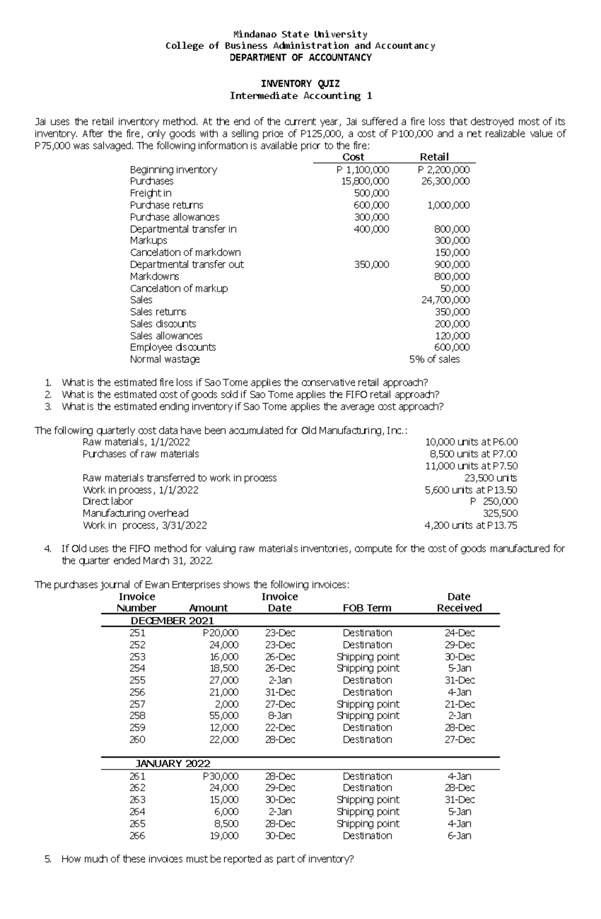 3 Inventory Quiz Mindanao State University College Of Business