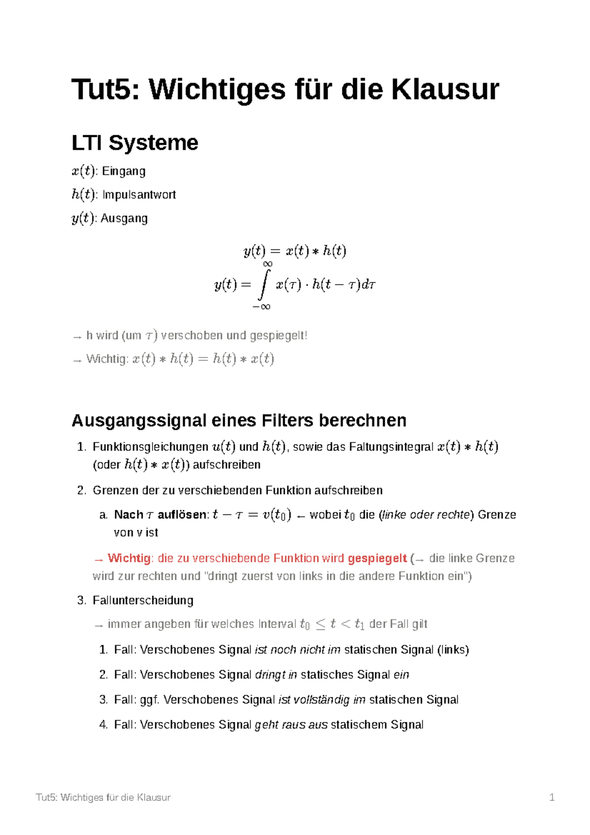 SuS Klausur Lernblatt Tutorium 5: LTI Systeme - Tut5: Wichtiges für die Klausur 1 Tut5 ...