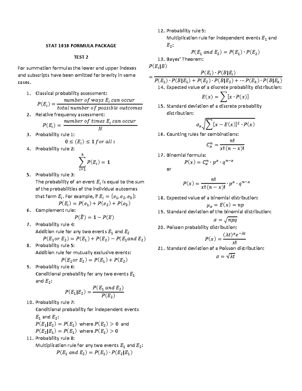Stat 1010 Test 2 includes tables (binomial and poisson) - STAT 1010 ...