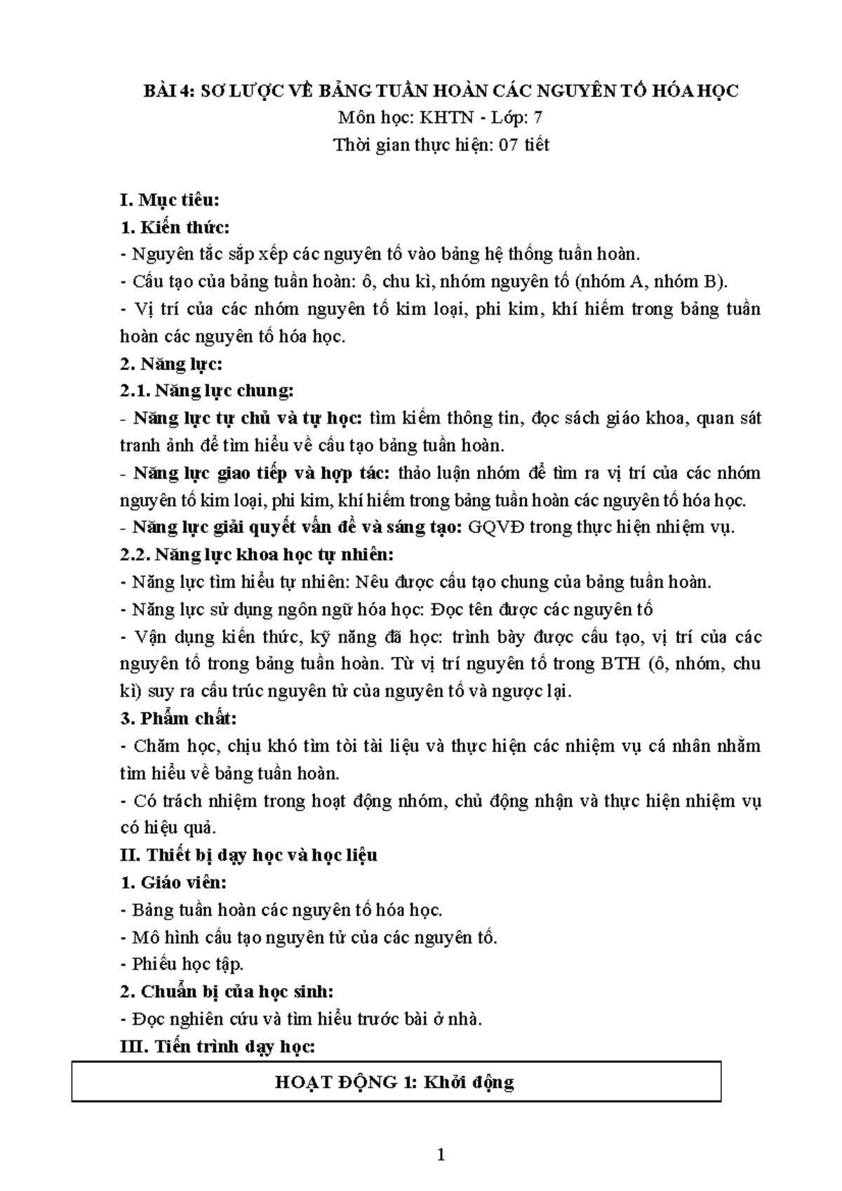 GIÁO AN BAI 4 BANG TUAN HOAN CAC NTHH KNTT KHTN7 - BÀI 4: SƠ LƯỢC VỀ ...