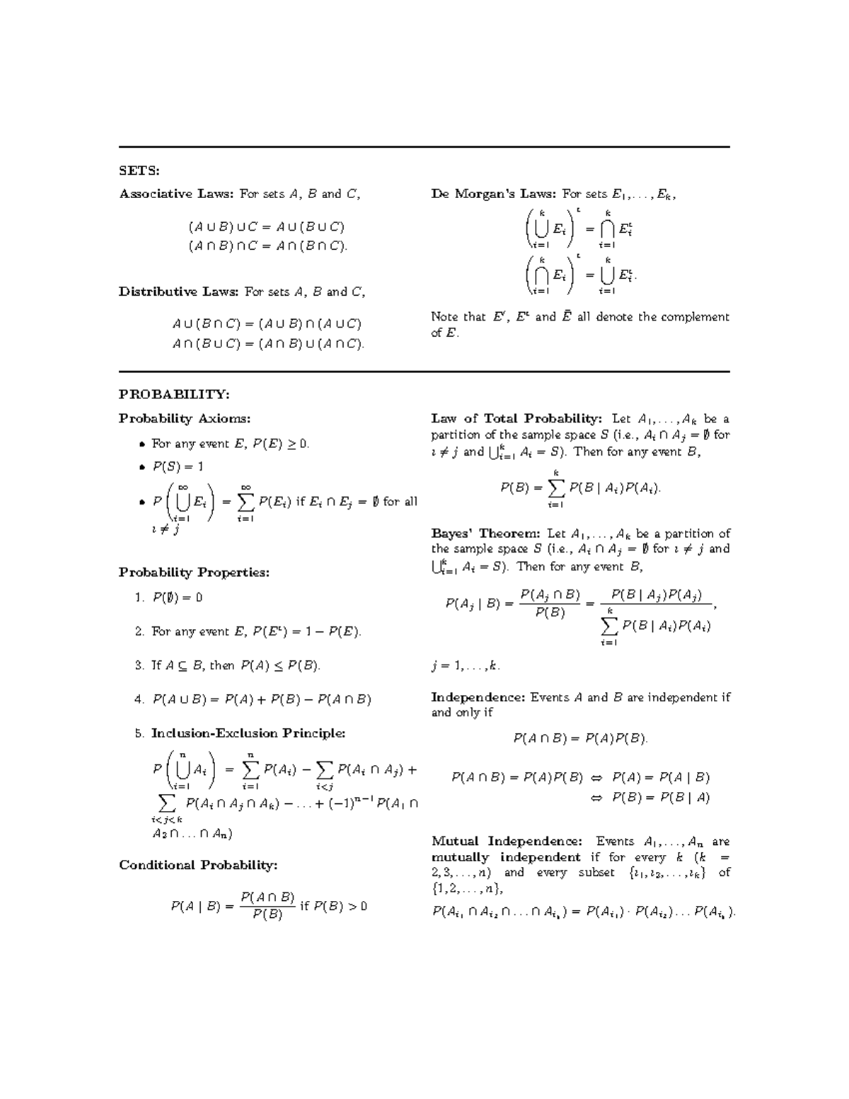 Formula Sheet - nice - STAT 241 - Formula Sheets for Final Exam SETS ...