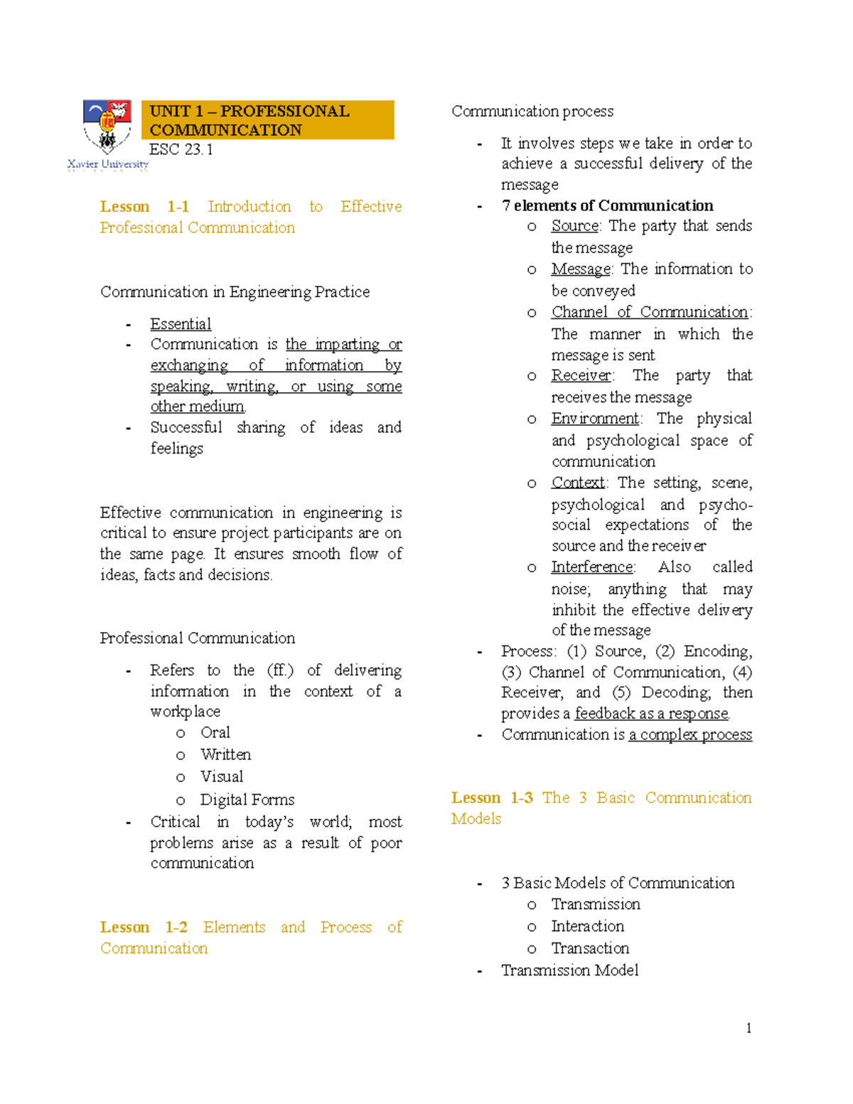 01 ESC 23.1 Unit I to II Notes - UNIT 1 – PROFESSIONAL COMMUNICATION ...