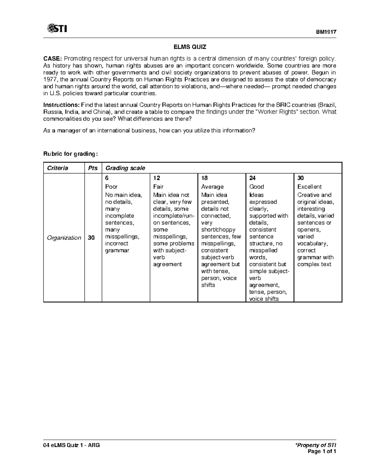 04 e LMS Quiz 1 - ARG - case study - BM 04 eLMS Quiz 1 - ARG *Property ...