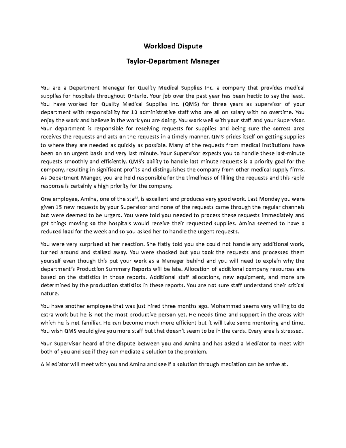 Workload Negotiation, Taylor 1 - Workload Dispute Taylor-Department ...