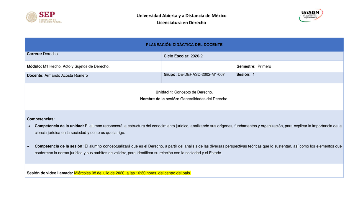 Planeacion didactica M1 S1 - Warning: TT: undefined function: 32 Licenciatura en Derecho ...