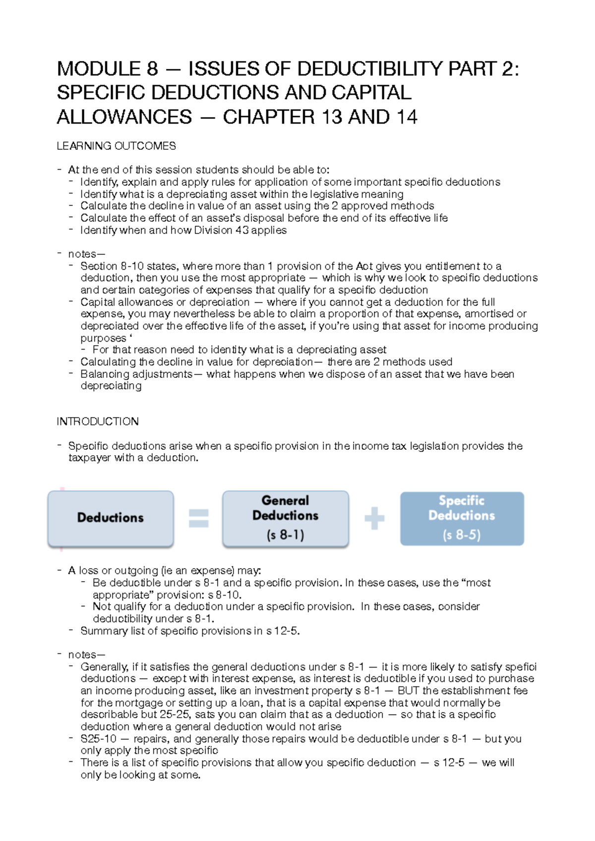Mod 8 notes - MODULE 8 — ISSUES OF DEDUCTIBILITY PART 2: SPECIFIC ...