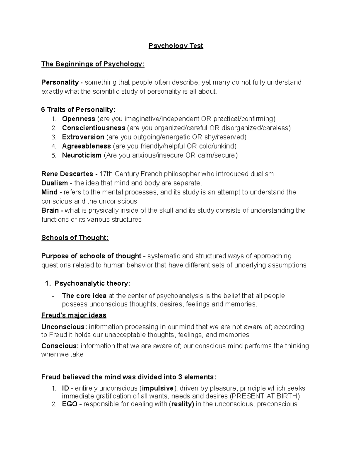 Test Review Psychology - Psychology Test The Beginnings of Psychology ...