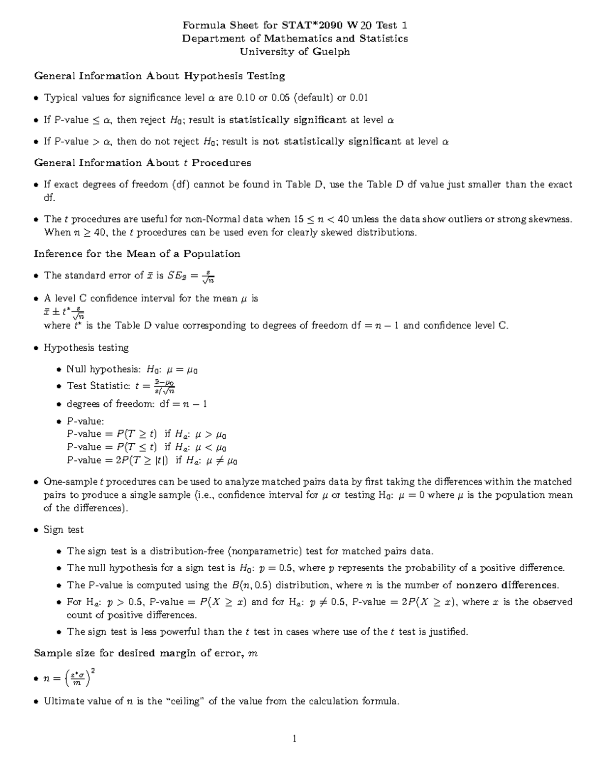 Formula Sheets Final Exam Merged 2090 2020 - Formula Sheet for STAT ...