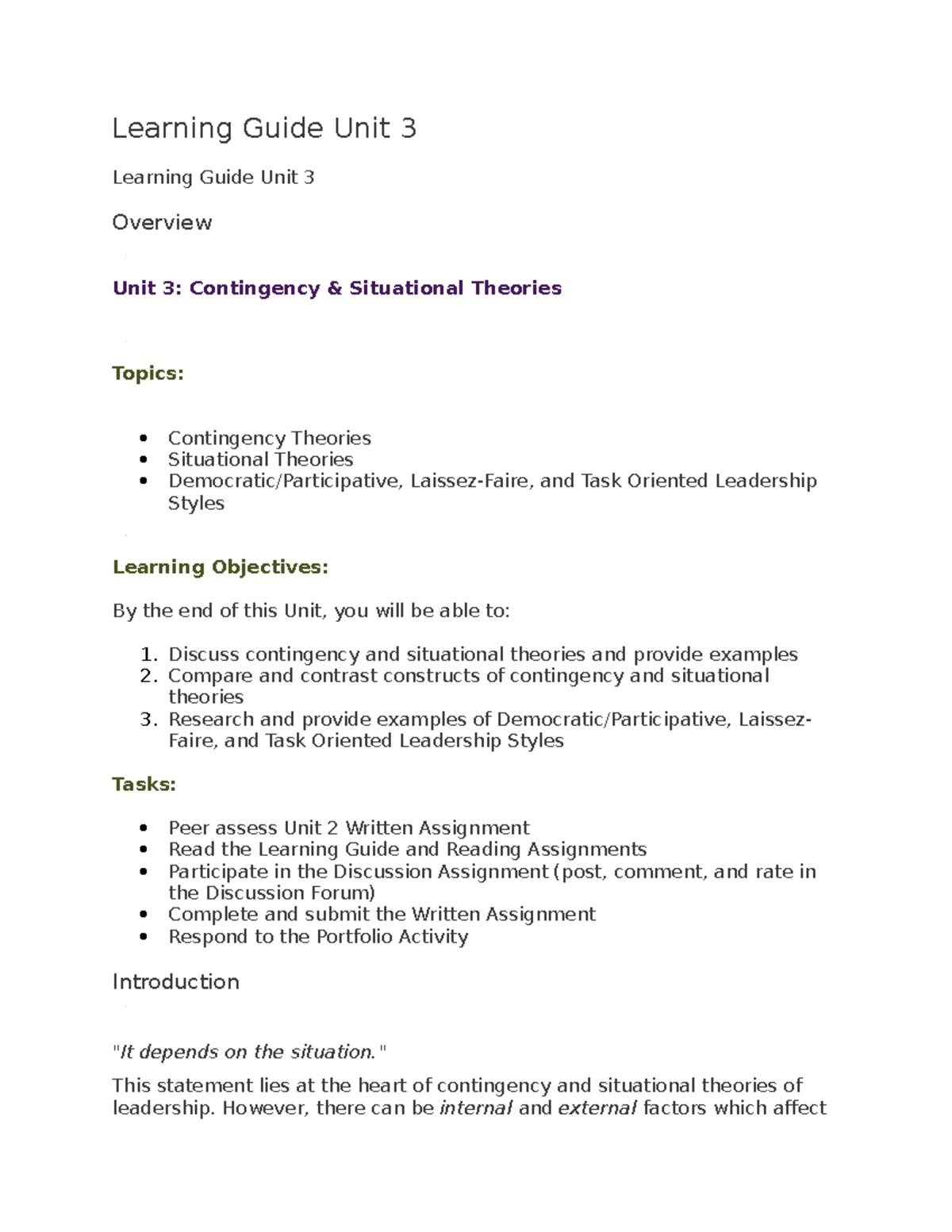 BUS 5411-01 Leading...Contexts Learning Guide 3 - Learning Guide Unit 3 Learning Guide Unit 3 ...