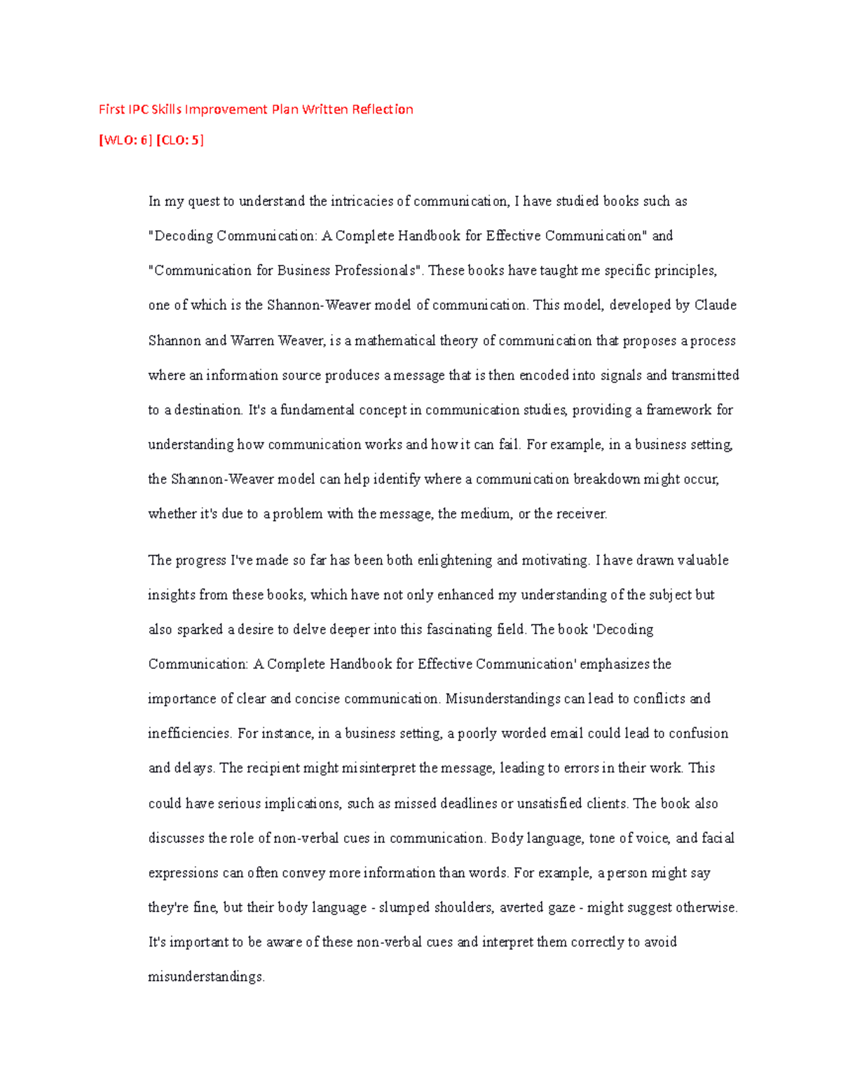 COM200 Week 2 Journal - First IPC Skills Improvement Plan Written ...