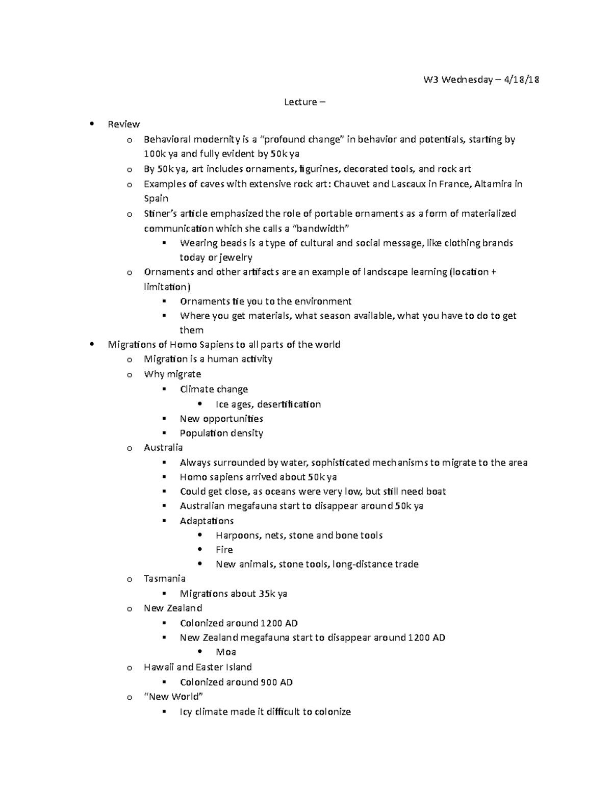 W3 Wednesday Notes - W3 Wednesday Lecture Review o Behavioral modernity ...