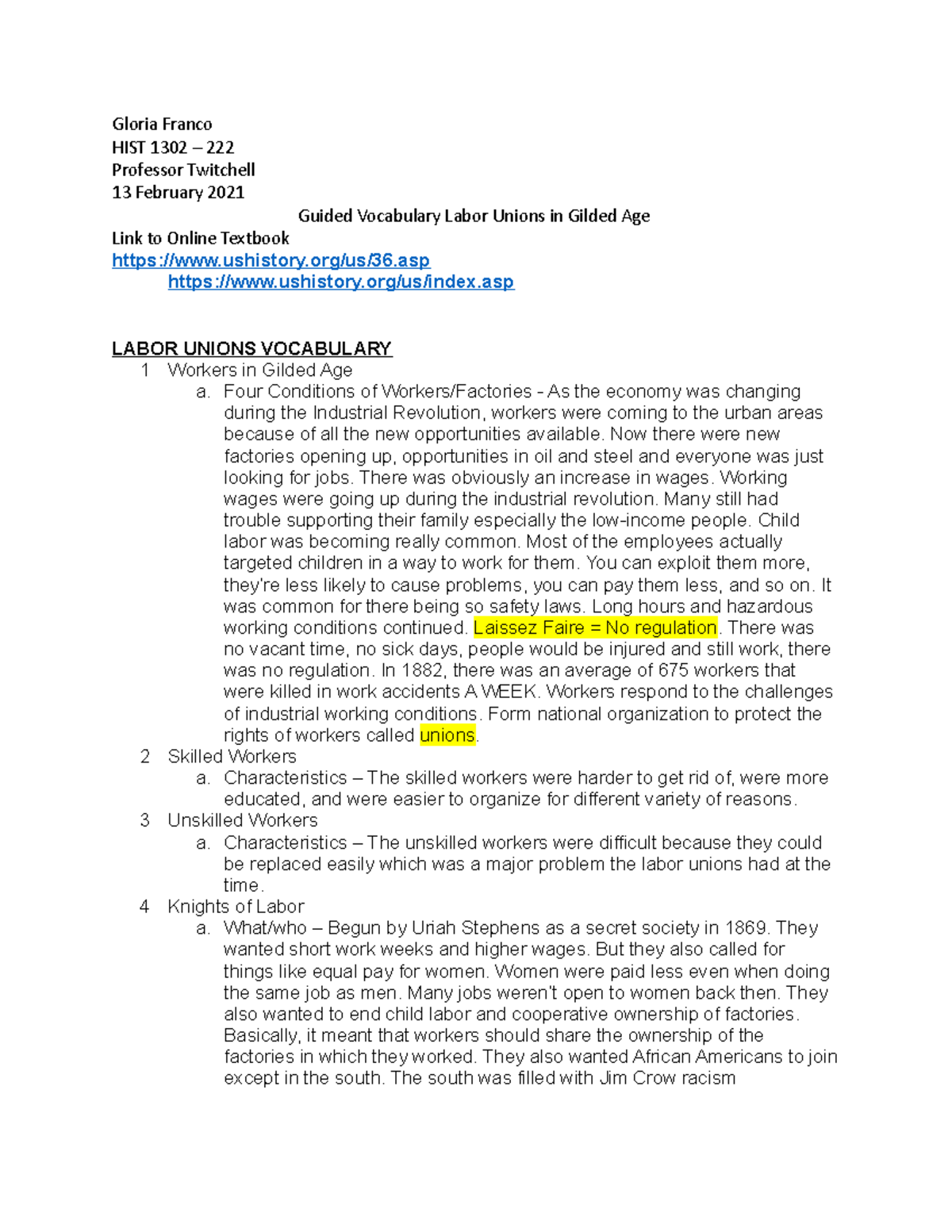 Guided Vocabulary Labor Unions IN Gilded AGE - Gloria Franco HIST 1302 ...