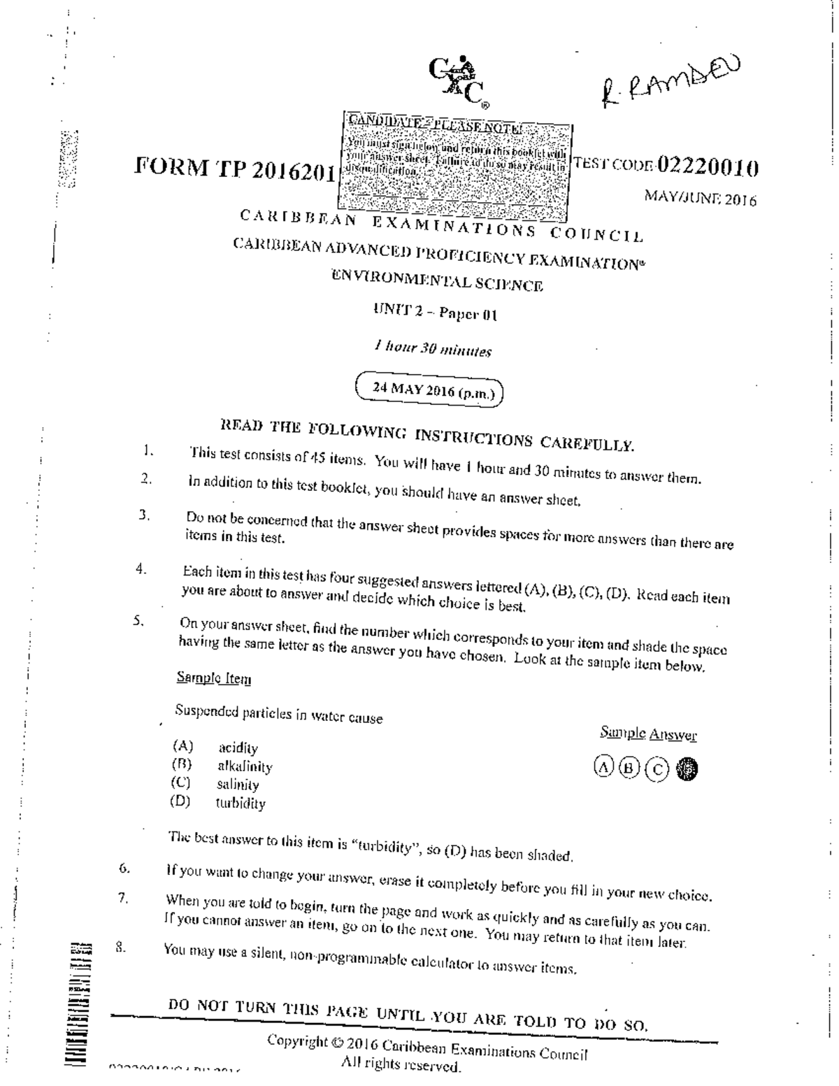 CAPE Env. Science 2016 U2 P1 - Cell Biology - Studocu