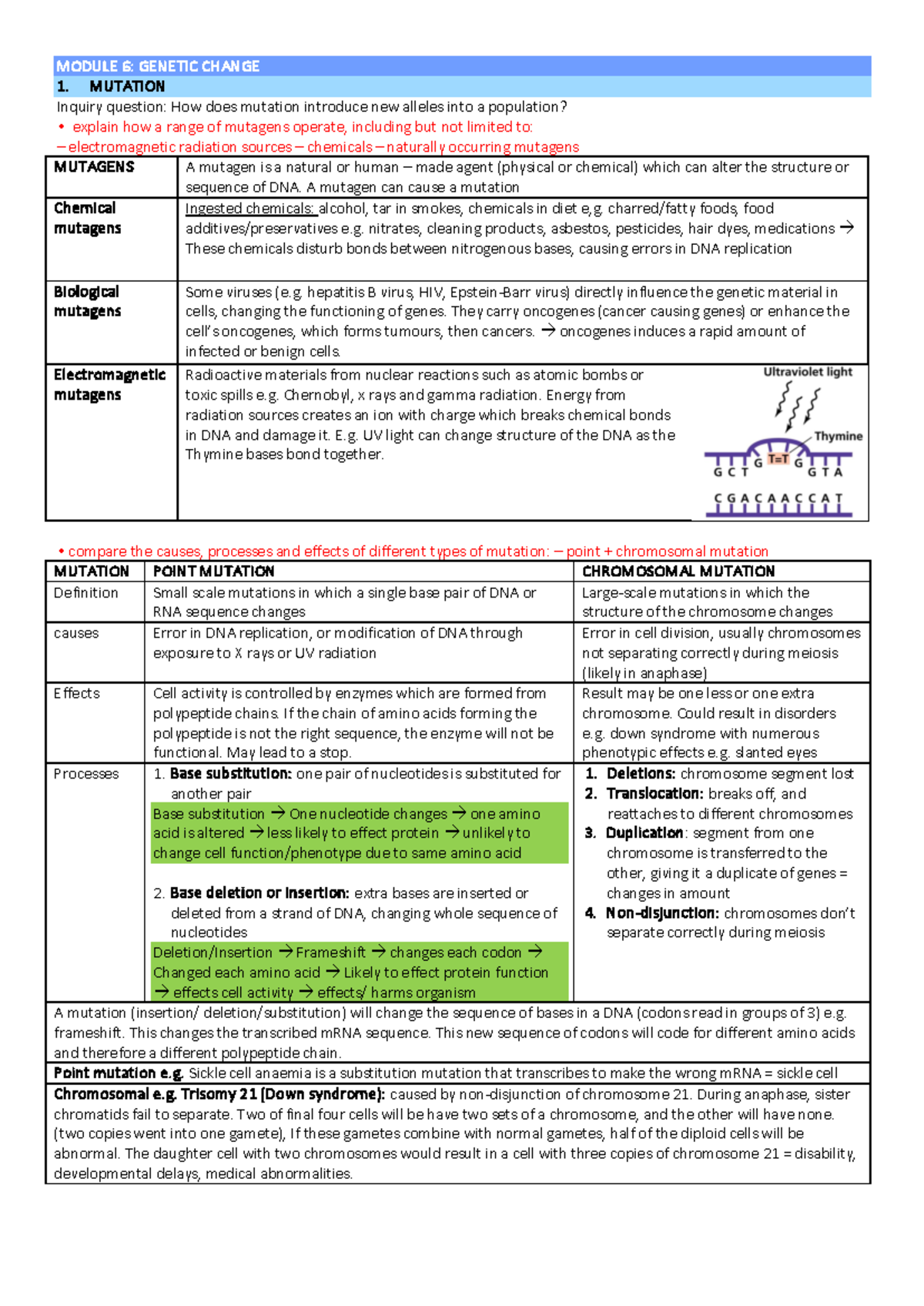 Mod 6 pdf version - bio notes mod 6 - MODULE 6: GENETIC CHANGE 1 ...