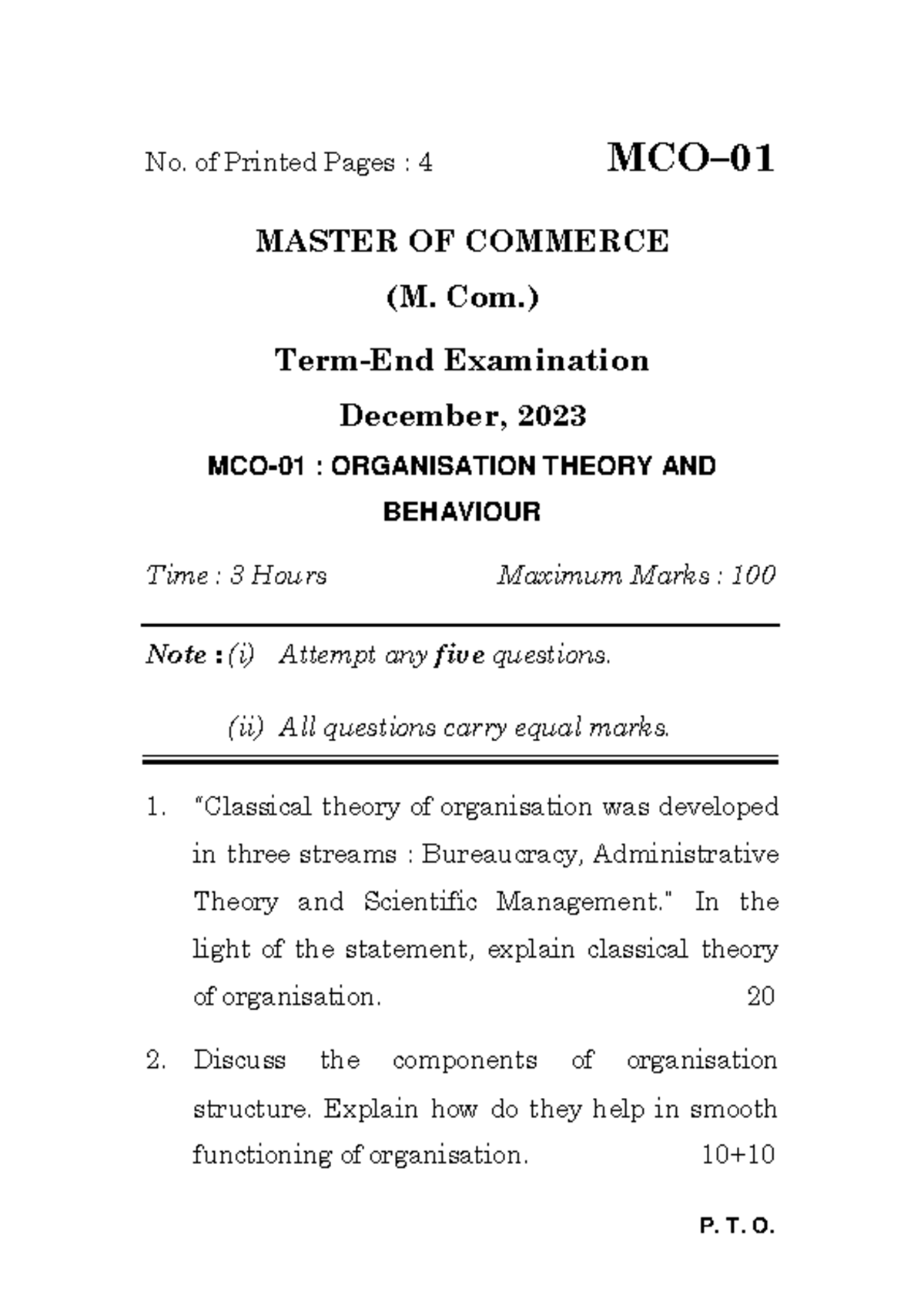Mco 1 - P. T. O. No. of Printed Pages : 4 MCO– 01 MASTER OF COMMERCE (M. Com.) Term-End ...