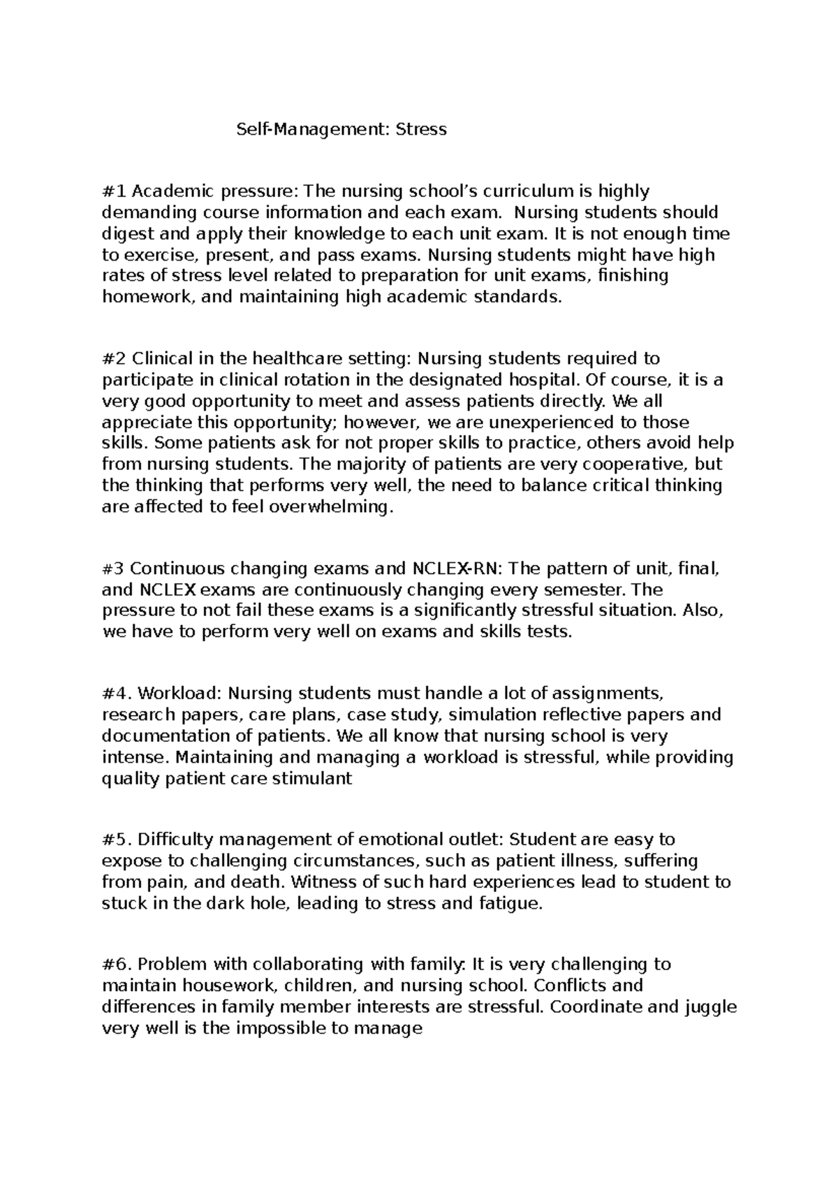 Nur 252 Management assignment stress - Self-Management: Stress #1 ...